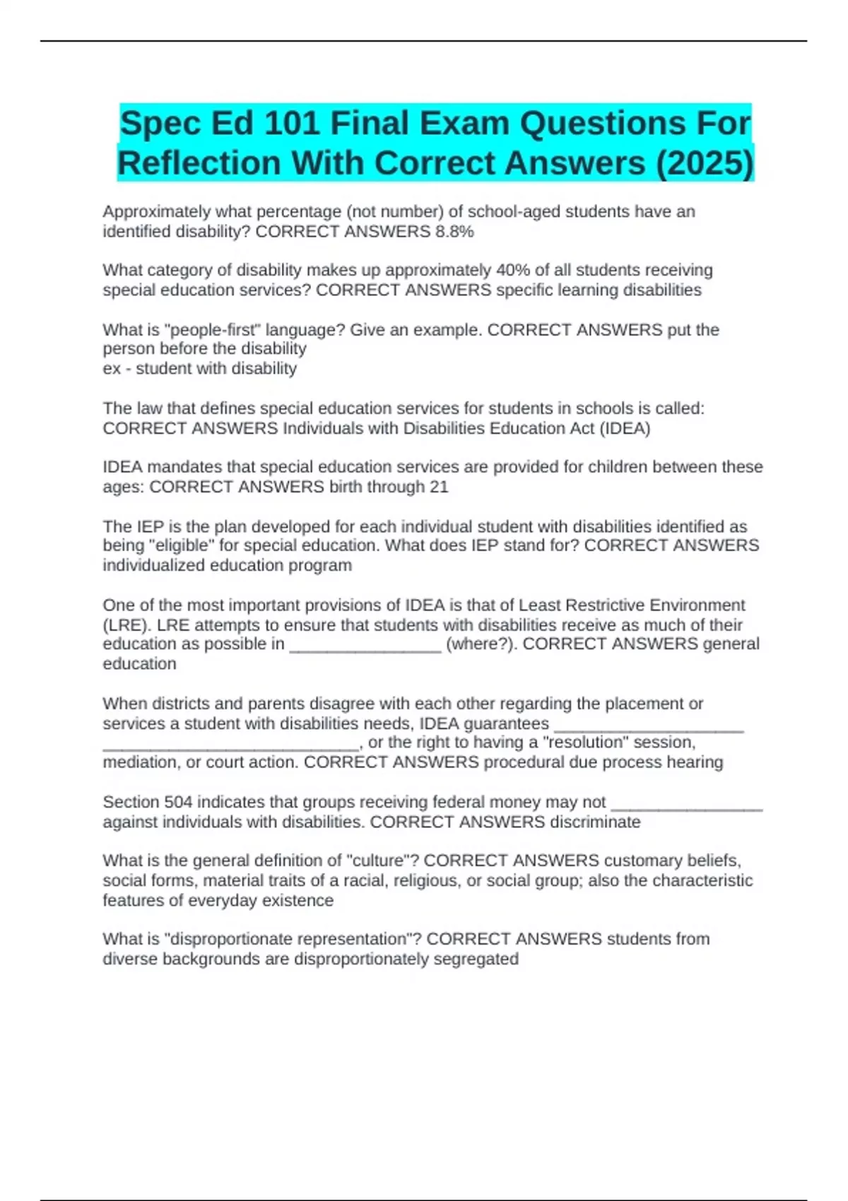 Spec Ed 101 Final Exam Questions For Reflection With Correct Answers ...