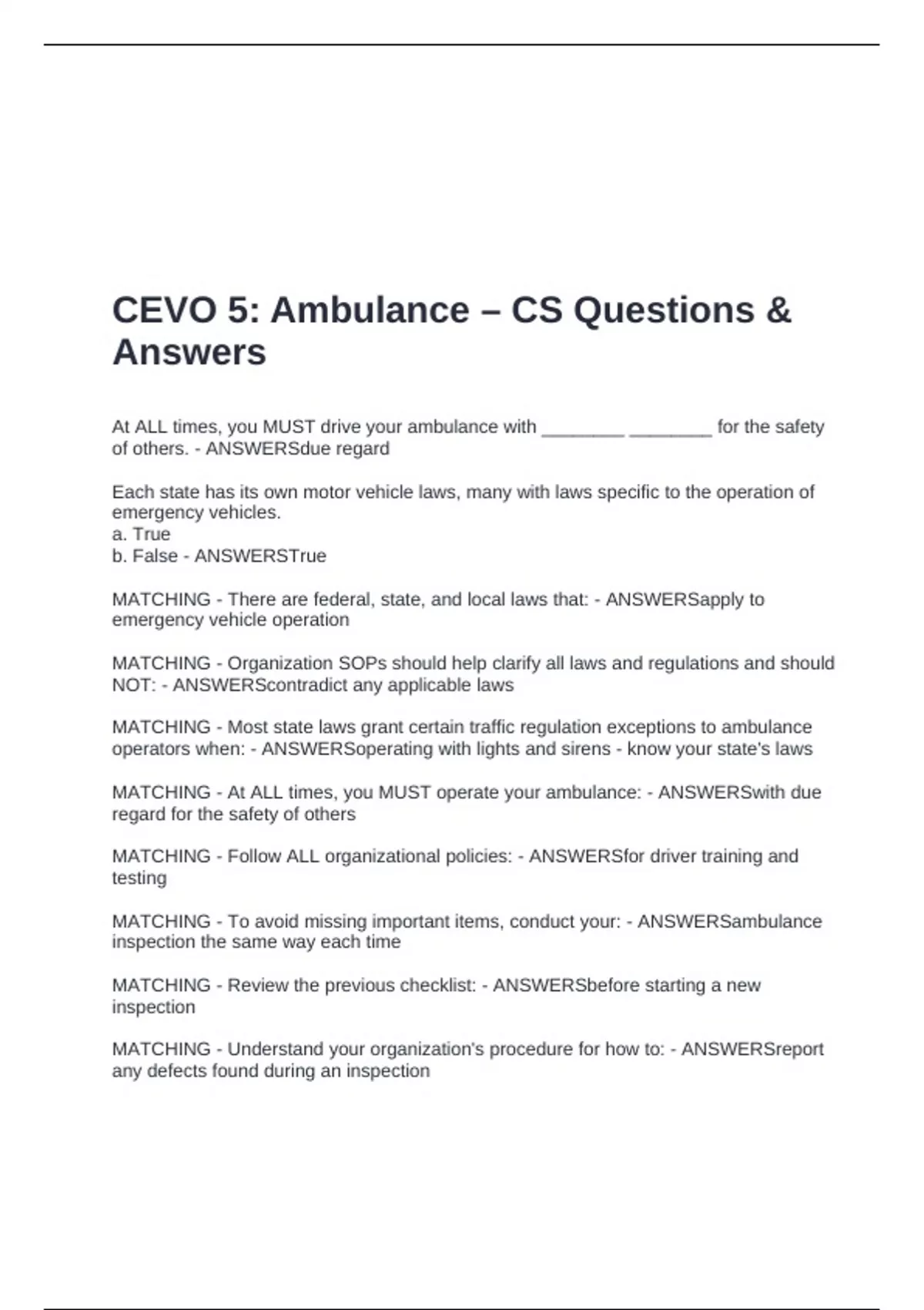 CEVO 5: Ambulance – CS Questions & Answers - CEVO 5: Ambulance – CS - Stuvia US