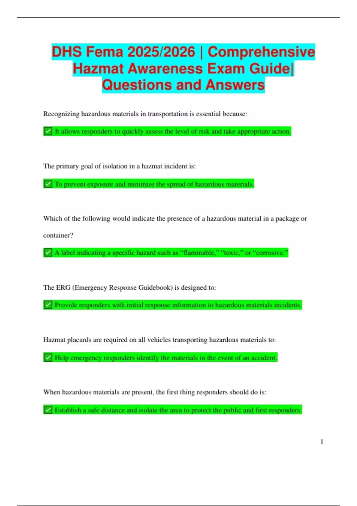 DHS Fema 2025/2026 | Comprehensive Hazmat Awareness Exam Guide ...
