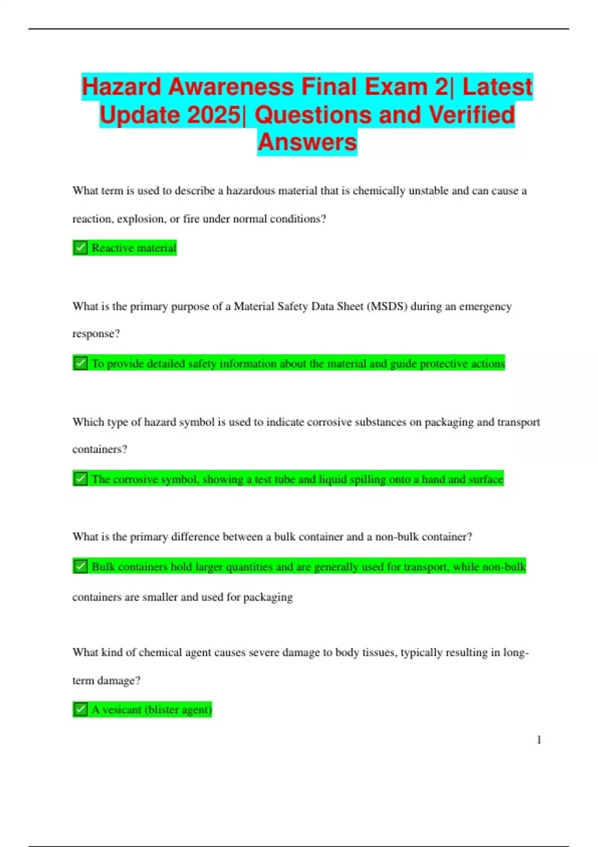 Hazard Awareness Final Exam 2| Latest Update 2025| Questions and ...