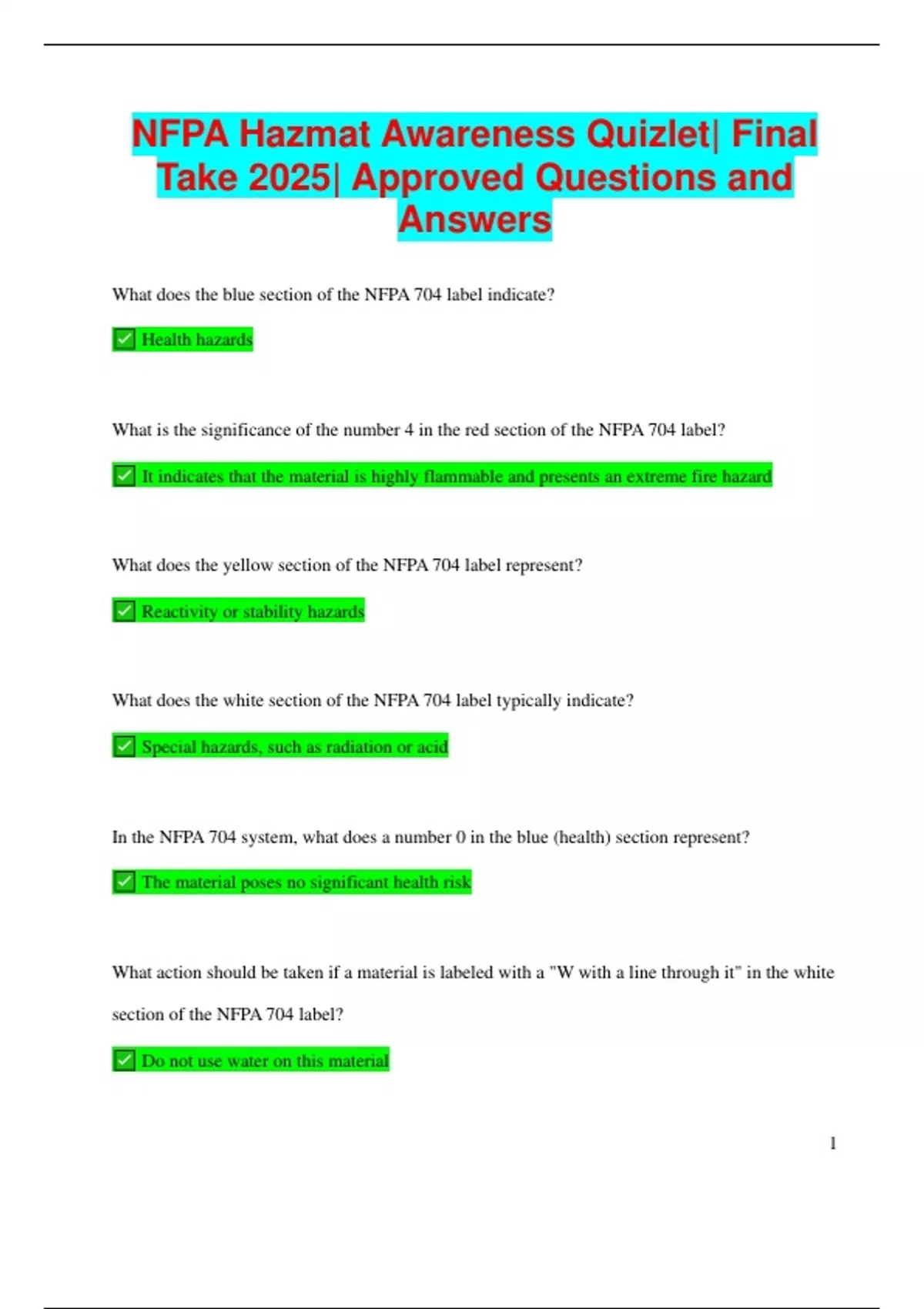 NFPA Hazmat Awareness Quizlet| Final Take 2025| Approved Questions and ...