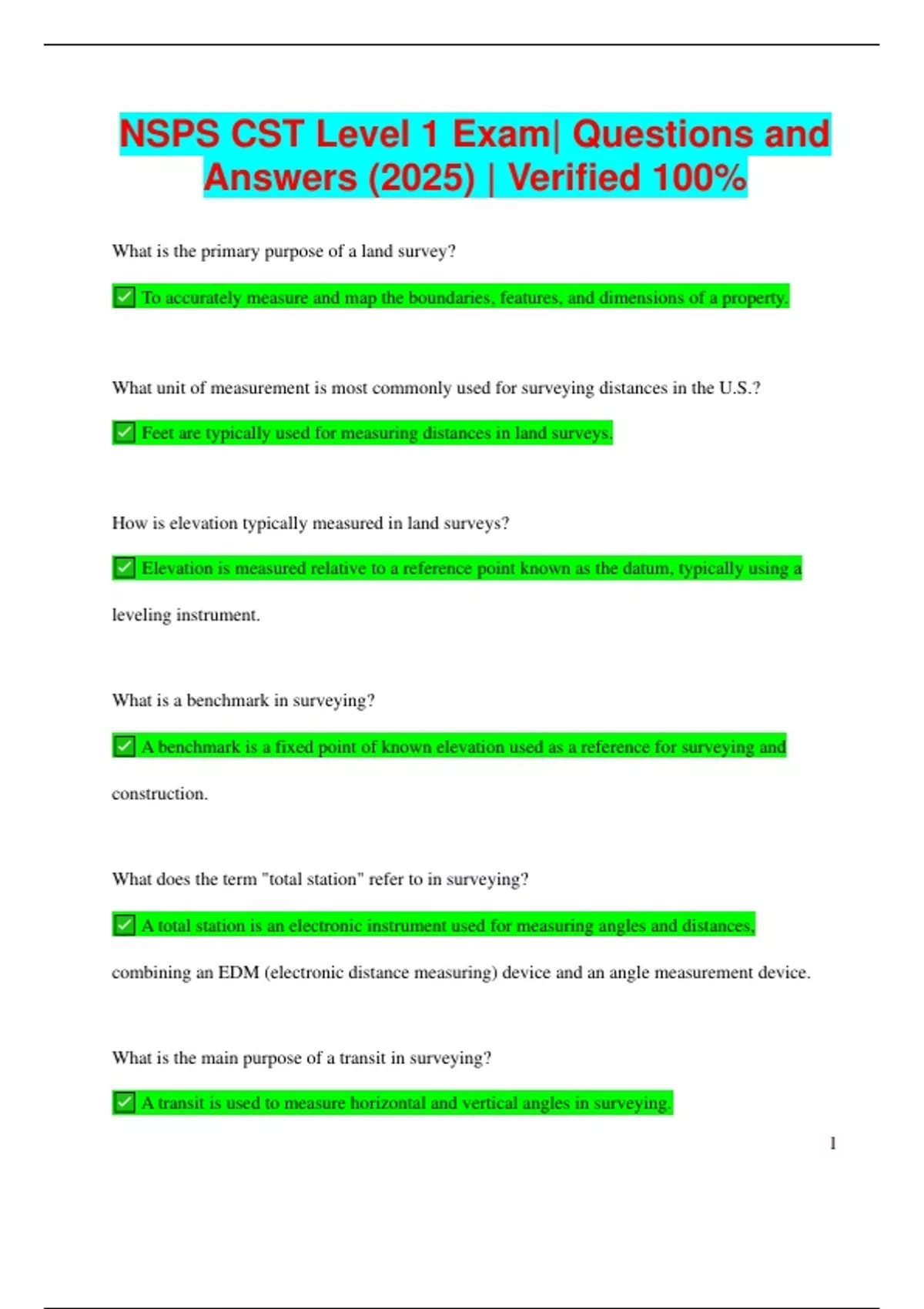 NSPS CST Level 1 Exam| Questions and Answers (2025) | Verified 100 ...