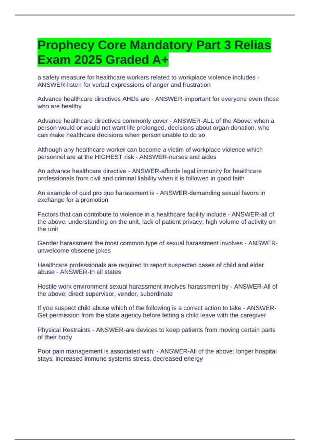 Prophecy Core Mandatory Part 3 Relias Exam 2025 Graded A+ - Prophecy ...