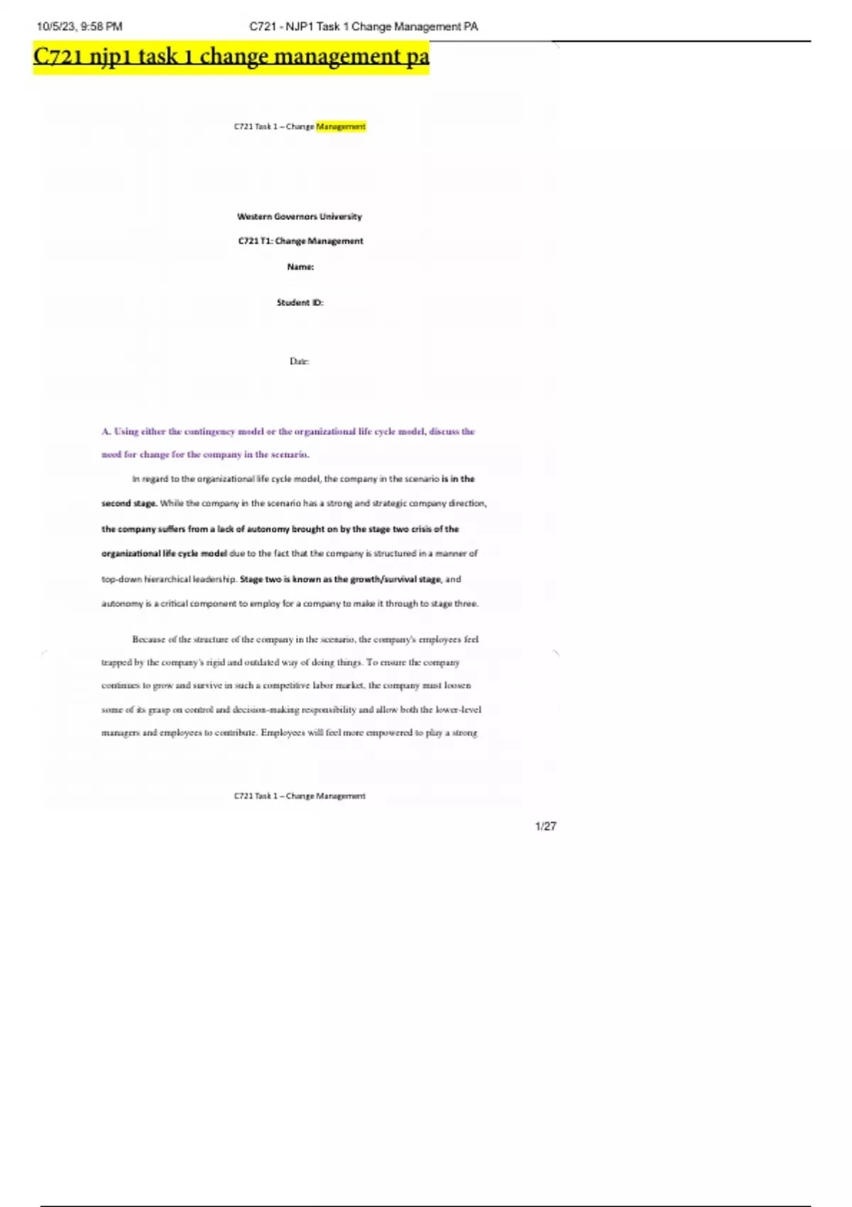 WGU C721 - NJP1 Task 1 Change Management Updated 2024 with complete ...