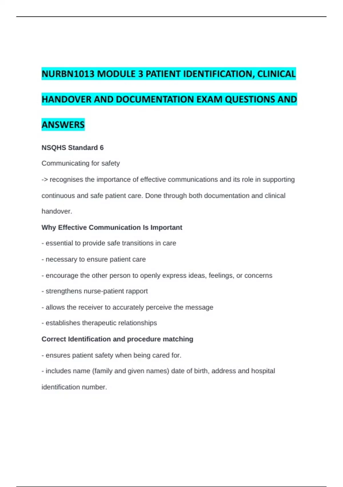 NURBN1013 MODULE 3 PATIENT IDENTIFICATION, CLINICAL HANDOVER AND ...