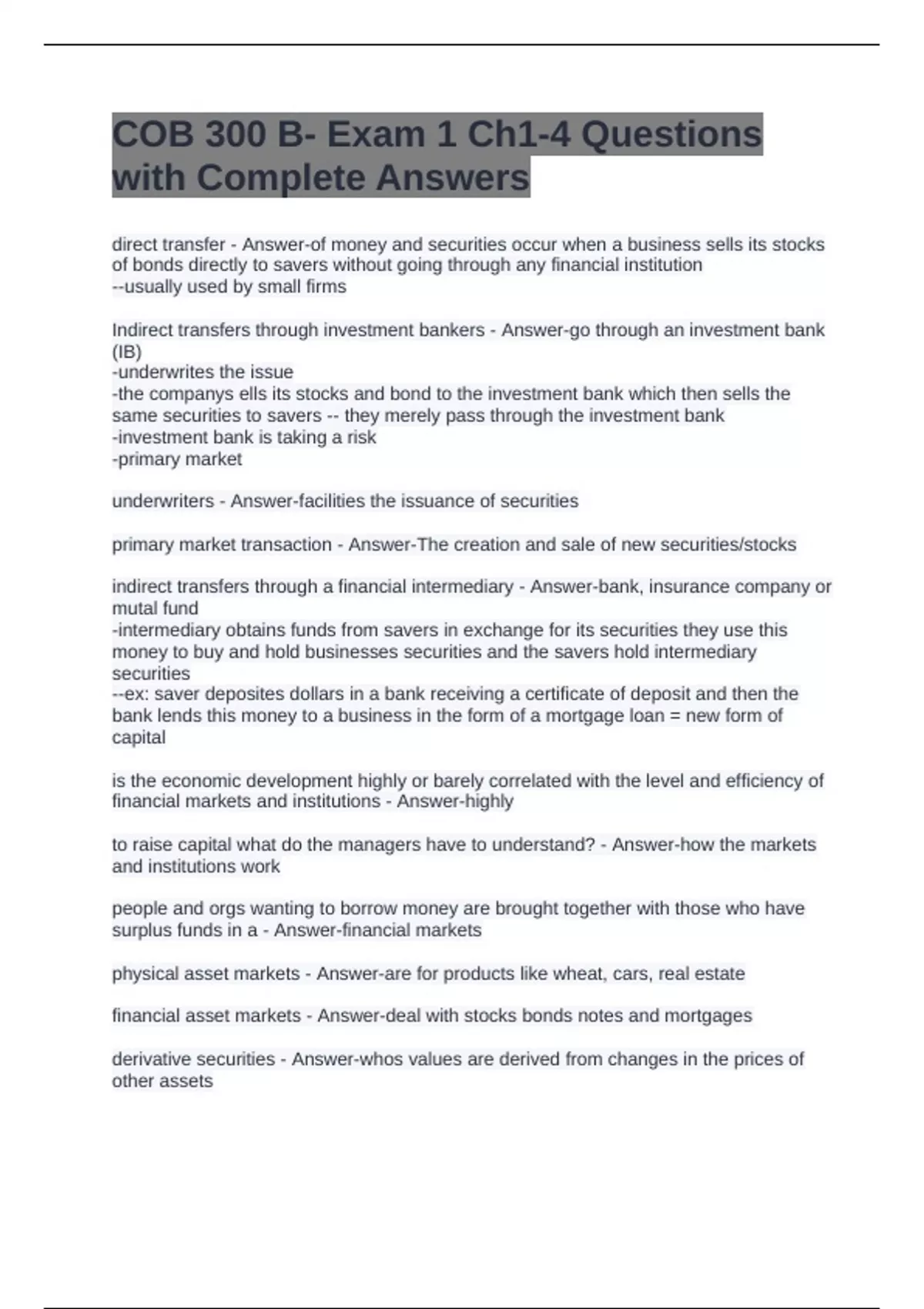 COB 300 B- Exam 1 Ch1-4 Questions with Complete Answers - COB 300 - Stuvia US