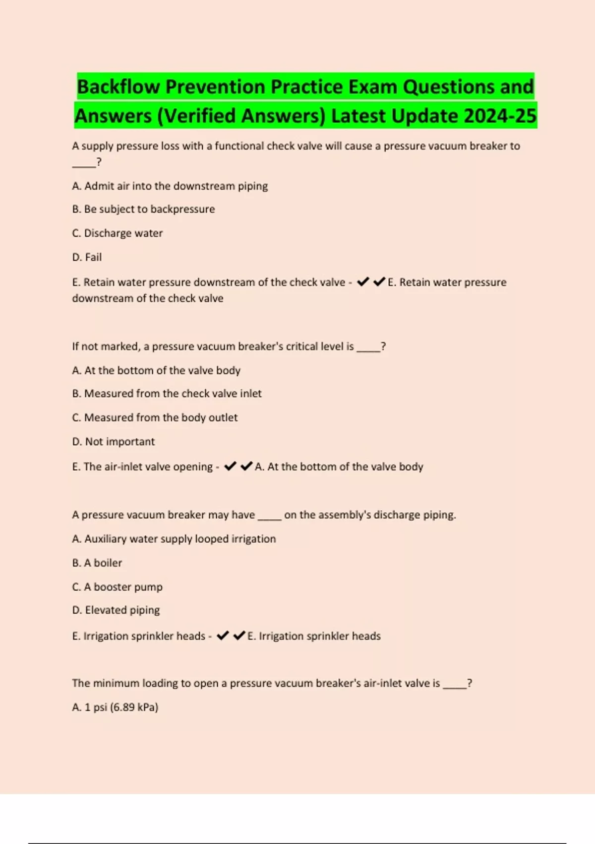 Backflow Prevention Practice Exam Questions and Answers (Verified ...
