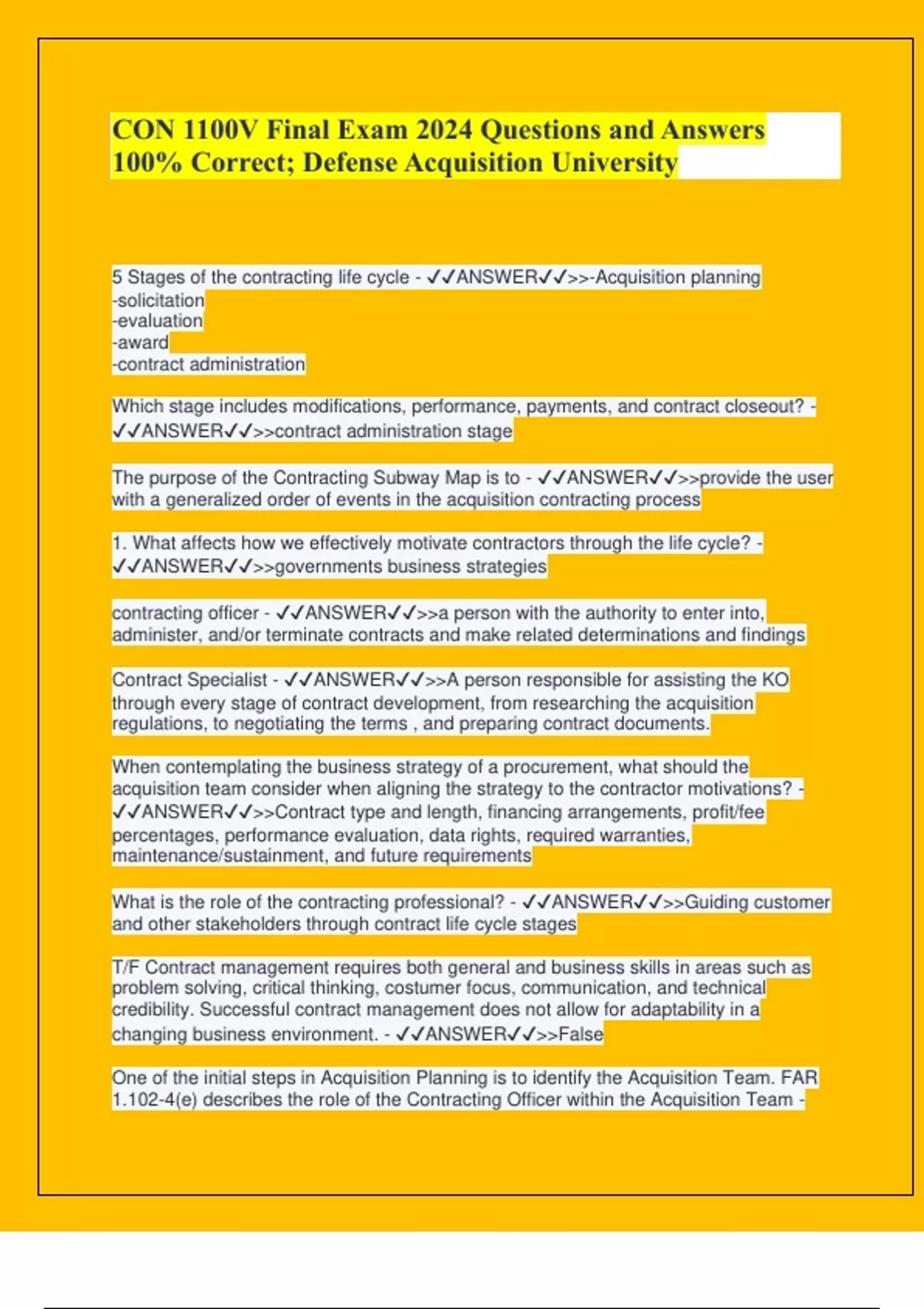 CON 1100V Final Exam 2024 Questions and Answers 100% Correct; Defense ...