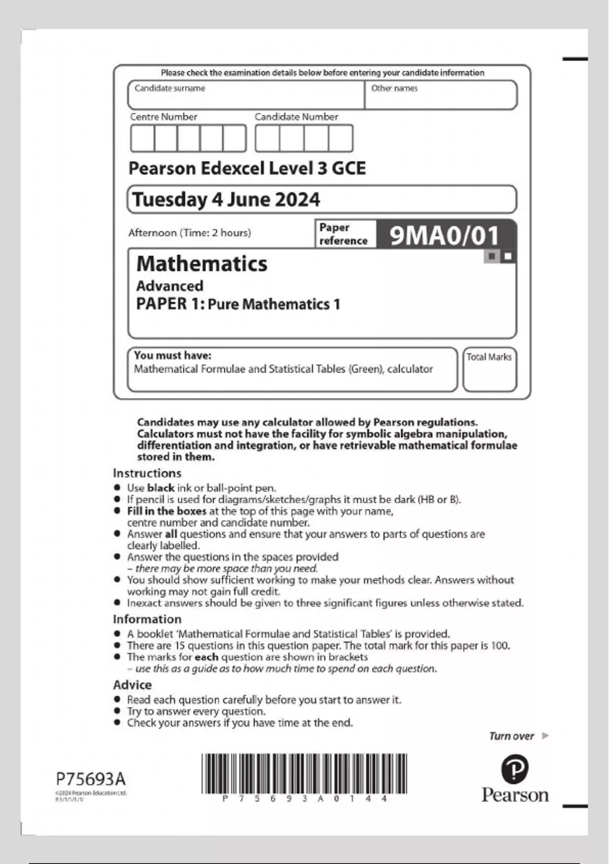 Edexcel A LEVEL MATHEMATICS PAPER 2 (9MA0 / 02) & Mark Scheme June 2024 | Edexcel A LEVEL ...