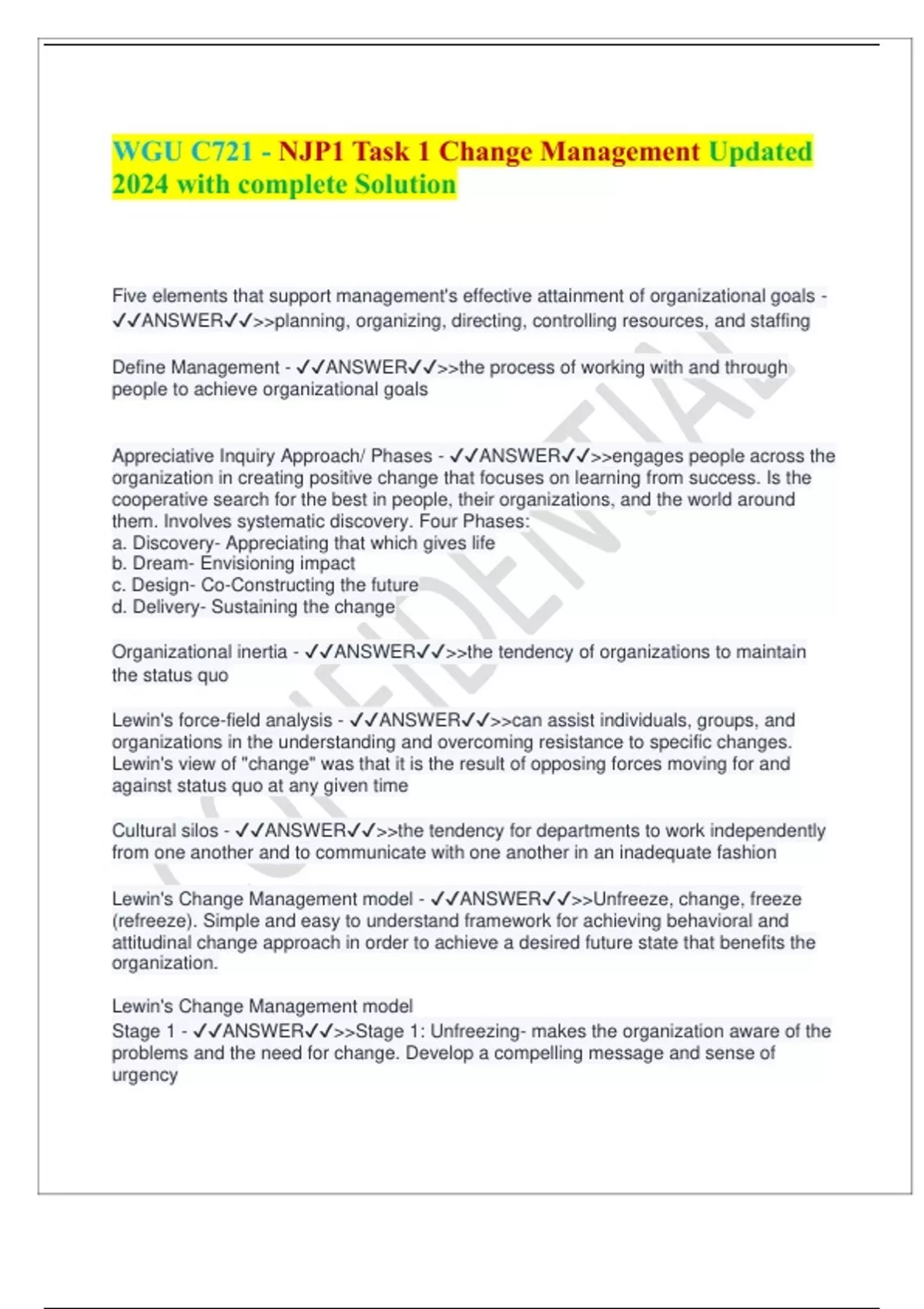 WGU C721 - NJP1 Task 1 Change Management Updated 2024 with complete ...