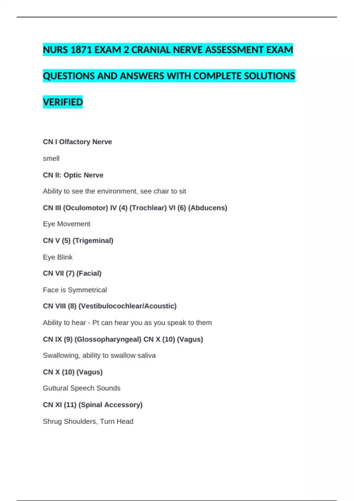 NURS 1871 EXAM 2 CRANIAL NERVE ASSESSMENT EXAM QUESTIONS AND ANSWERS ...
