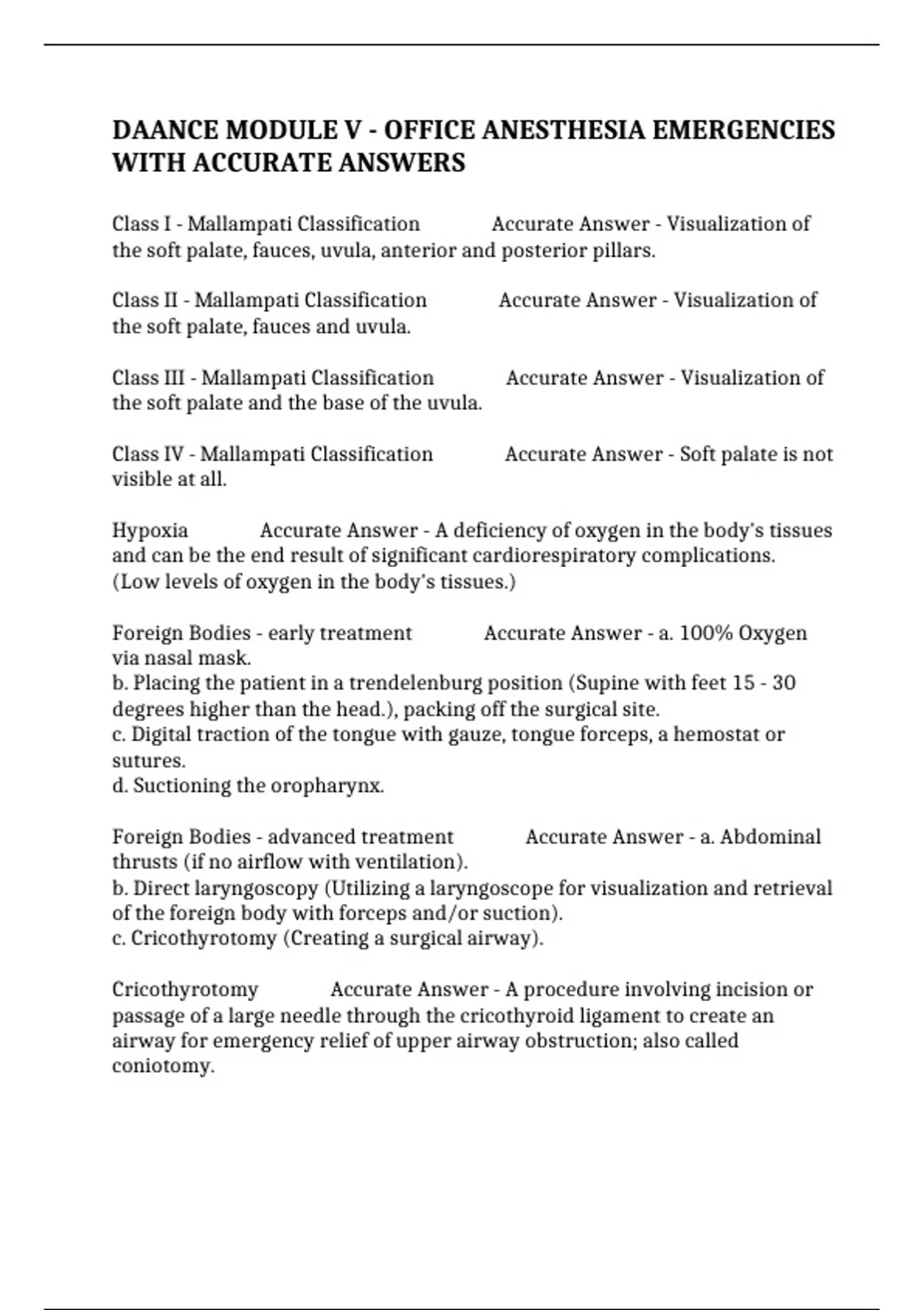 DAANCE MODULE V - OFFICE ANESTHESIA EMERGENCIES WITH ACCURATE ANSWERS - DAANCE - Stuvia US