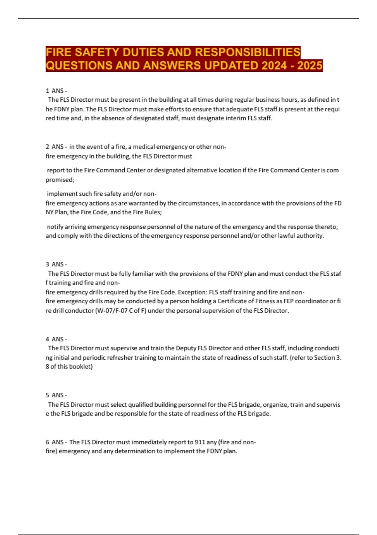 FIRE SAFETY DUTIES AND RESPONSIBILITIES QUESTIONS AND ANSWERS UPDATED ...