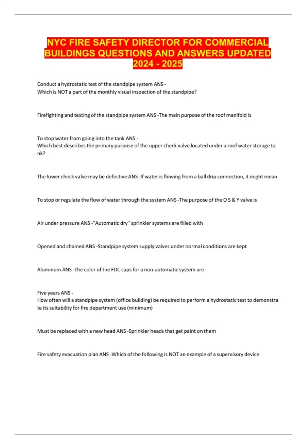 NYC FIRE SAFETY DIRECTOR FOR COMMERCIAL BUILDINGS QUESTIONS AND ANSWERS ...
