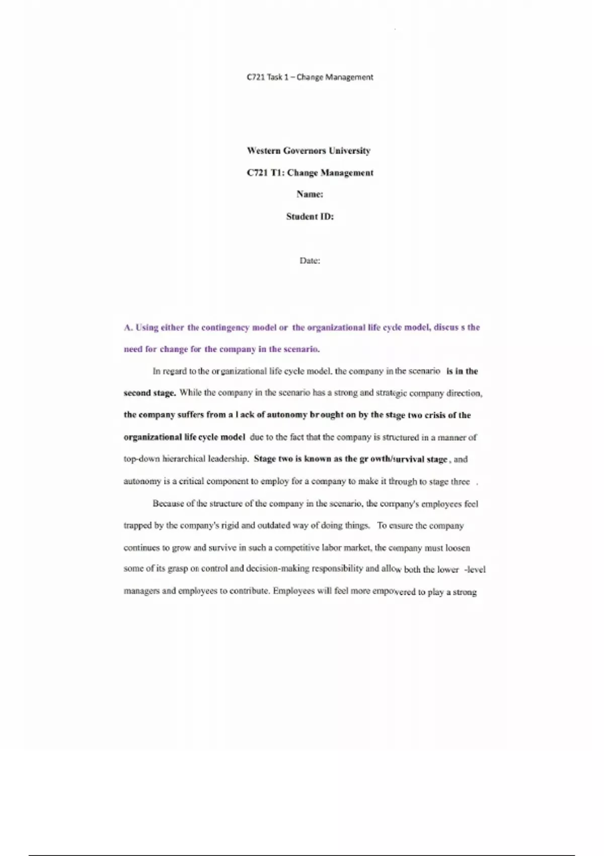 WGU C721 - NJP1 Task 1 Change Management Latest Updated with complete ...