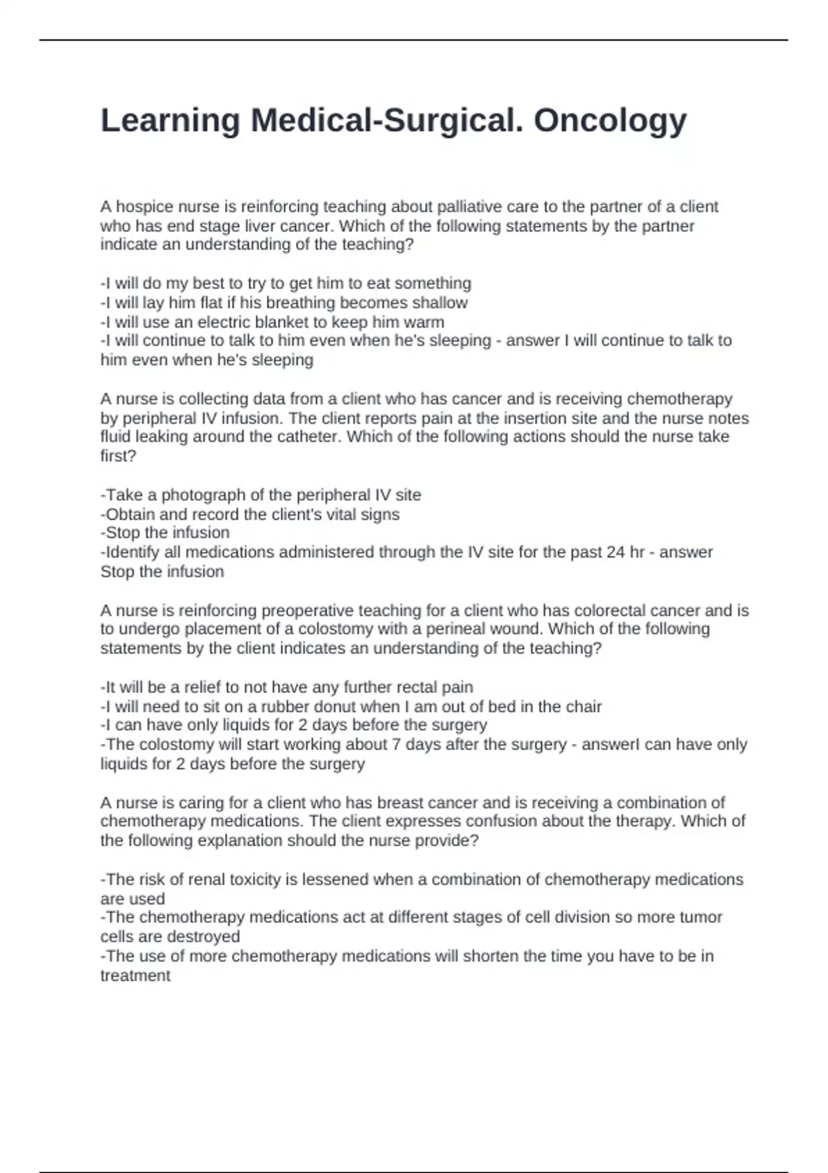 Learning Medical-Surgical. Oncology Questions with Solutions - Aphon ...