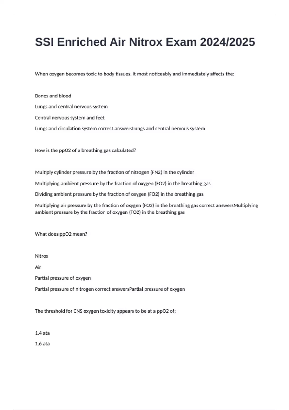 SSI Enriched Air Nitrox exam 2024/2025 with 100% correct answers - SSI ...