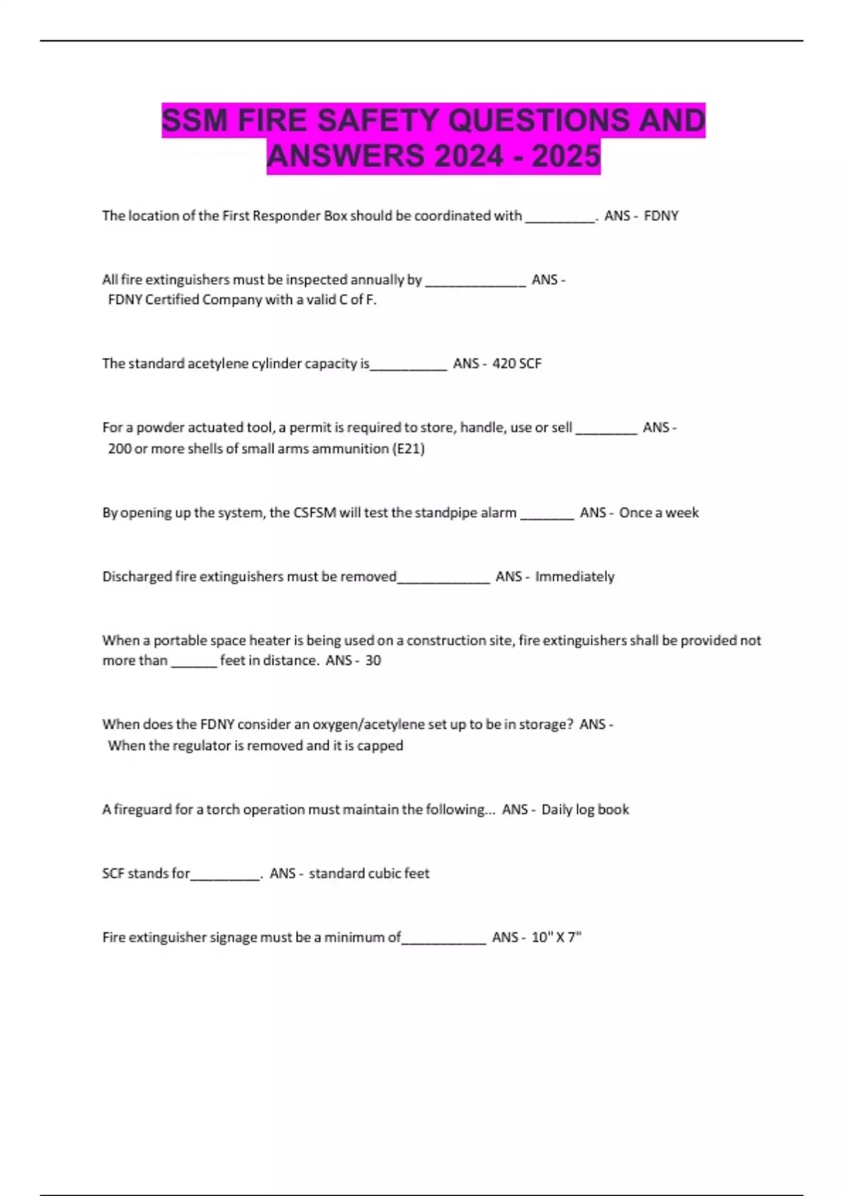 SSM FIRE SAFETY QUESTIONS AND ANSWERS - FDNY Non-Fire - Stuvia US