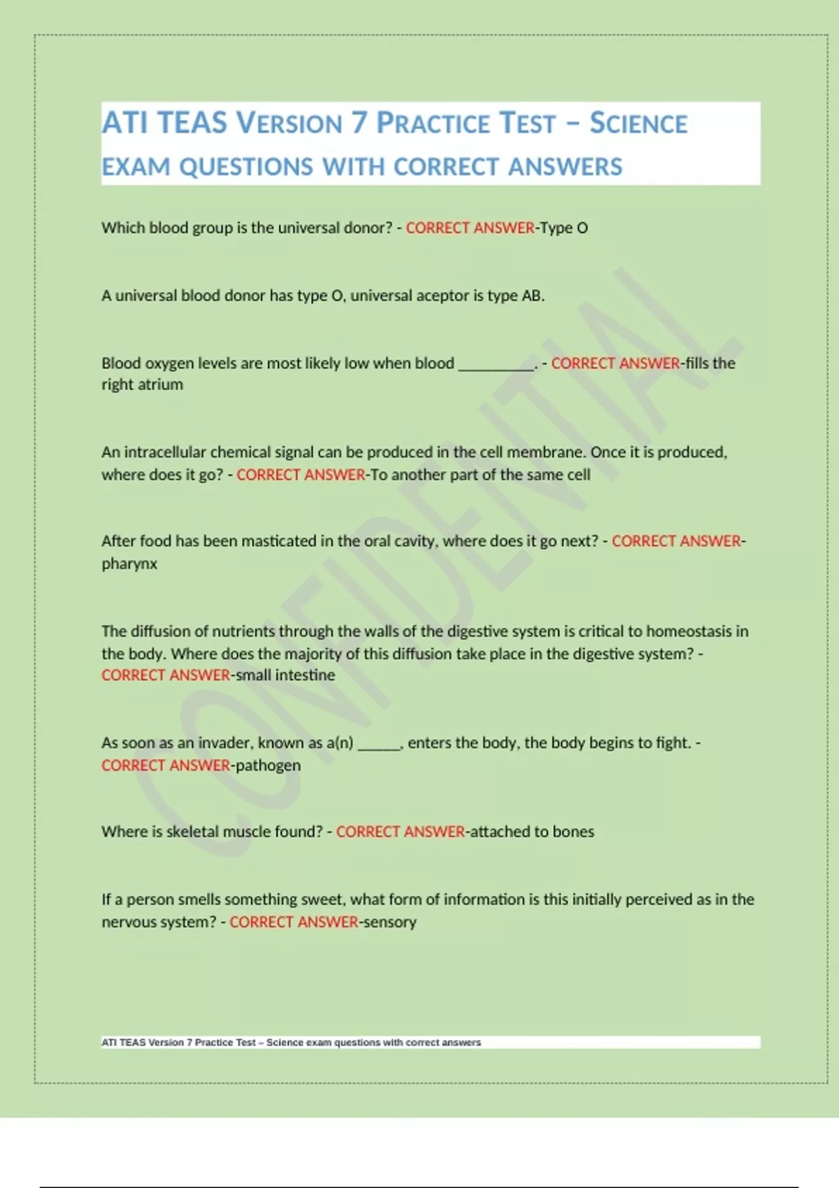 ATI TEAS VERSION 7 PRACTICE TEST – SCIENCE EXAM QUESTIONS WITH CORRECT ...