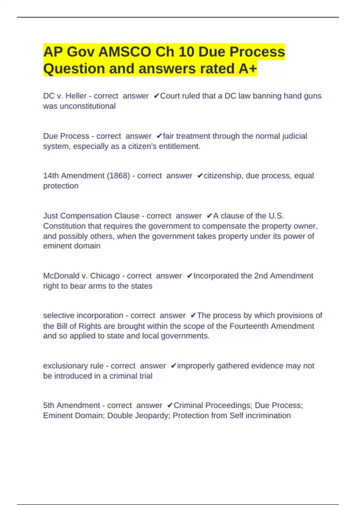 AP Gov AMSCO Ch 10 Due Process Question and answers rated A+ - JMC ...