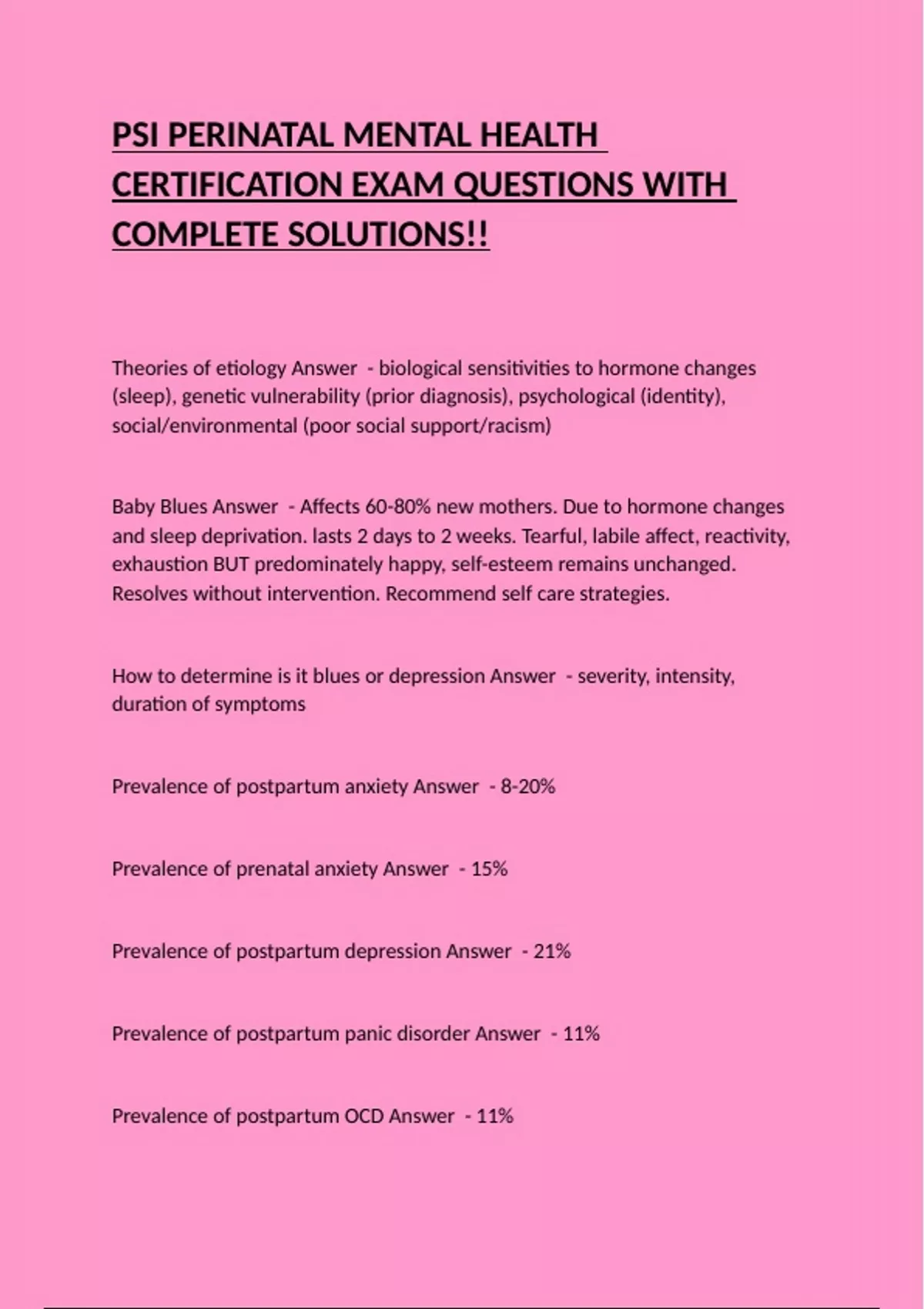 PSI PERINATAL MENTAL HEALTH CERTIFICATION EXAM QUESTIONS WITH COMPLETE ...