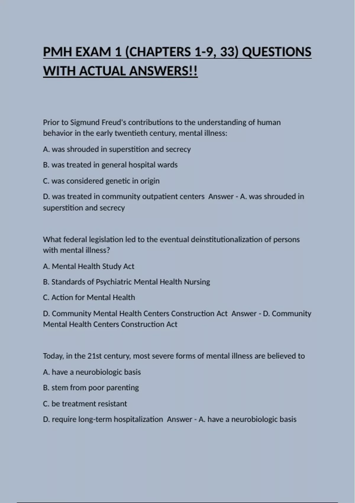 PMH EXAM 1 (CHAPTERS 1-9, 33) QUESTIONS WITH ACTUAL ANSWERS!! - PMH ...