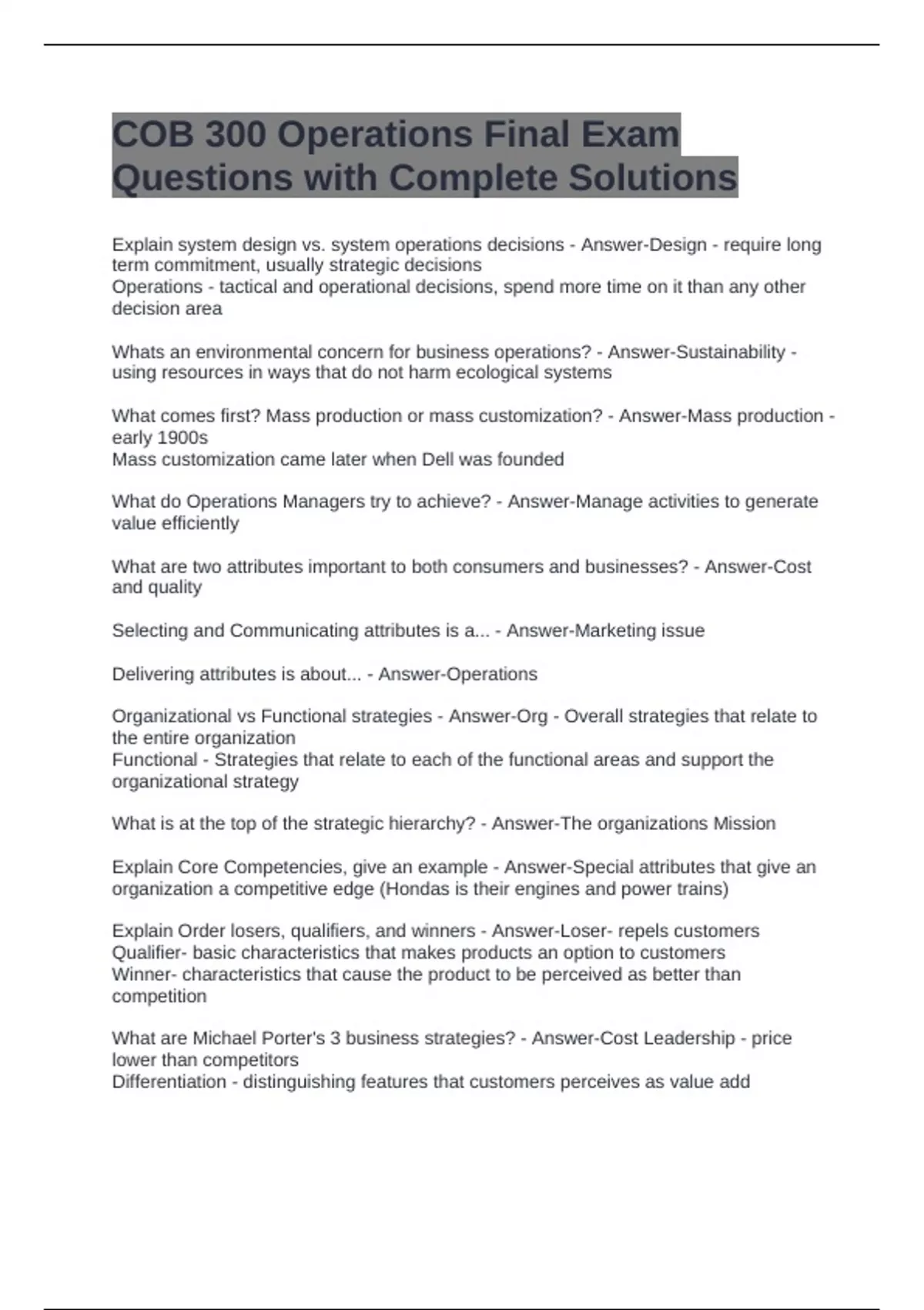 COB 300 Operations Final Exam Questions with Complete Solutions - COB ...