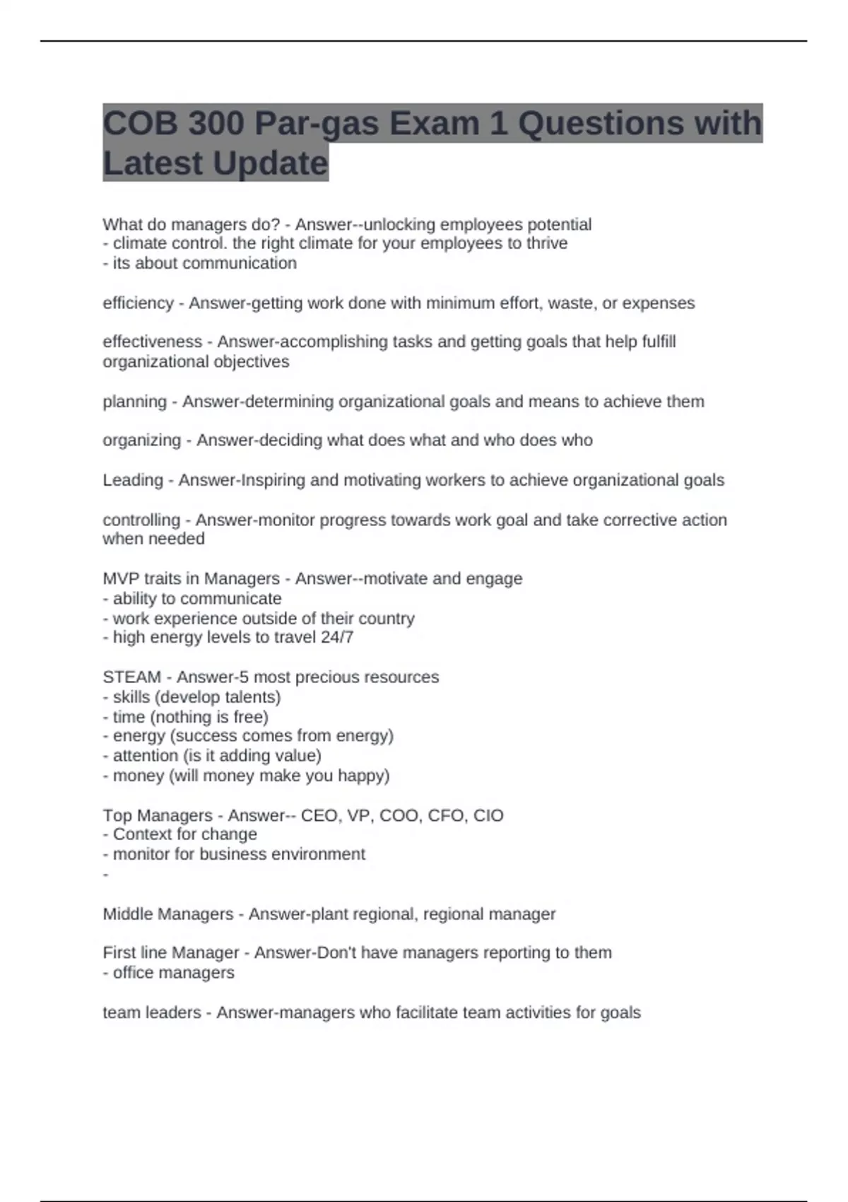 COB 300 Par-gas Exam 1 Questions with Latest Update - COB 300 - Stuvia US