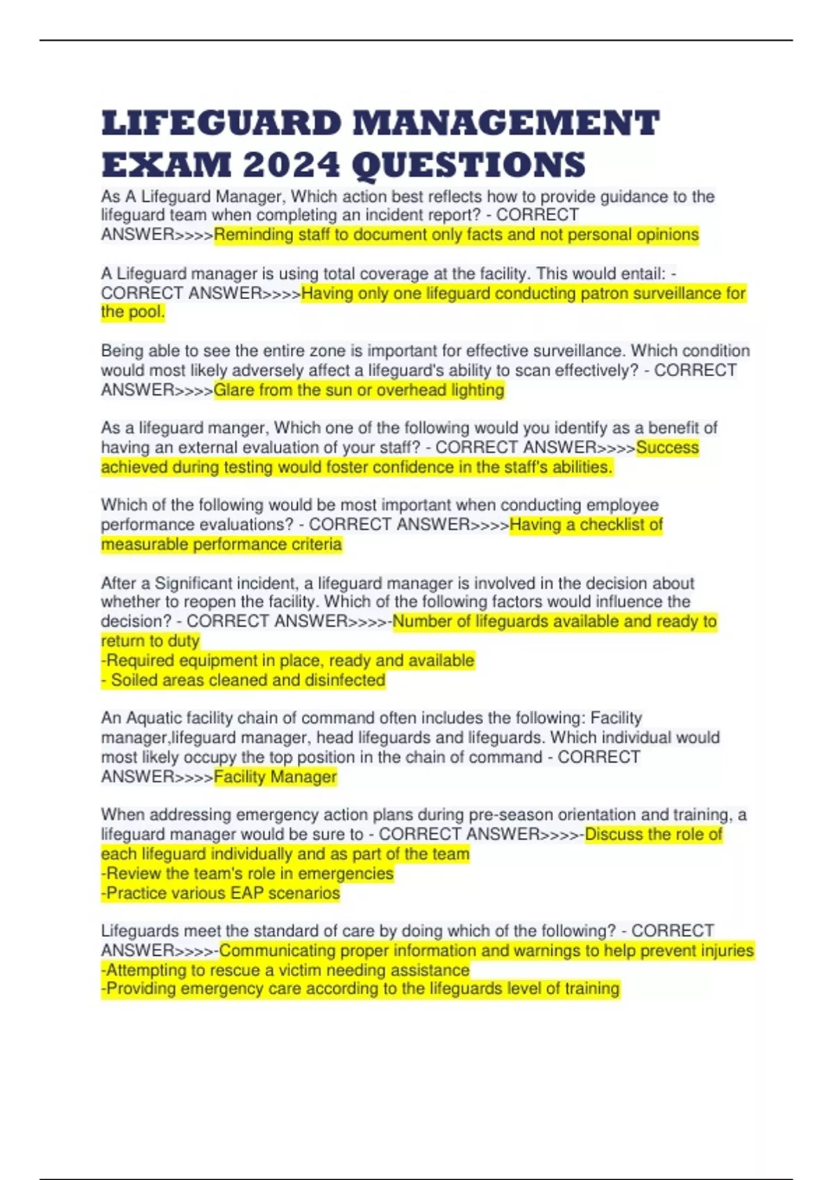 LIFEGUARD MANAGEMENT EXAM 2024 QUESTIONS - LIFEGUARD MANAGEMENT - Stuvia US