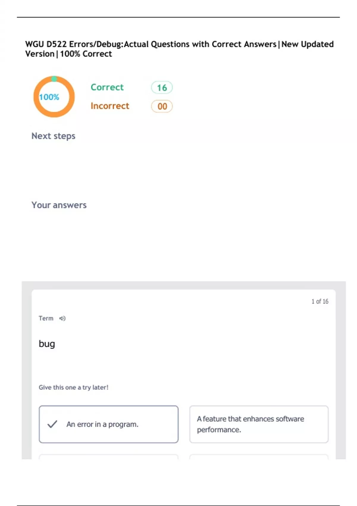 WGU D522 Errors/Debug:Actual Questions with Correct Answers|New Updated Version|100% Correct ...