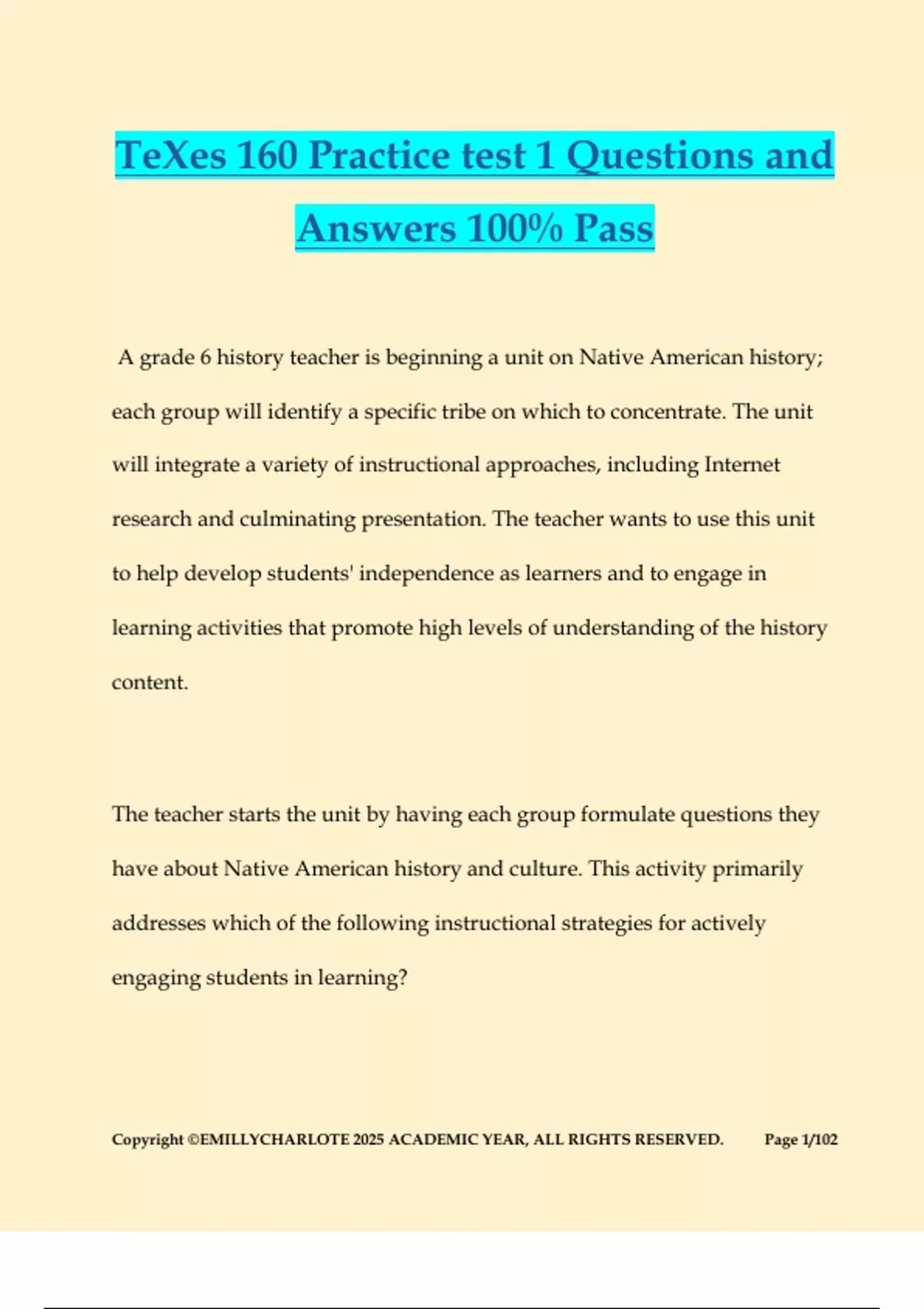 TeXes 160 Practice test 1 Questions and Answers 100% Pass - TEXES PPR ...