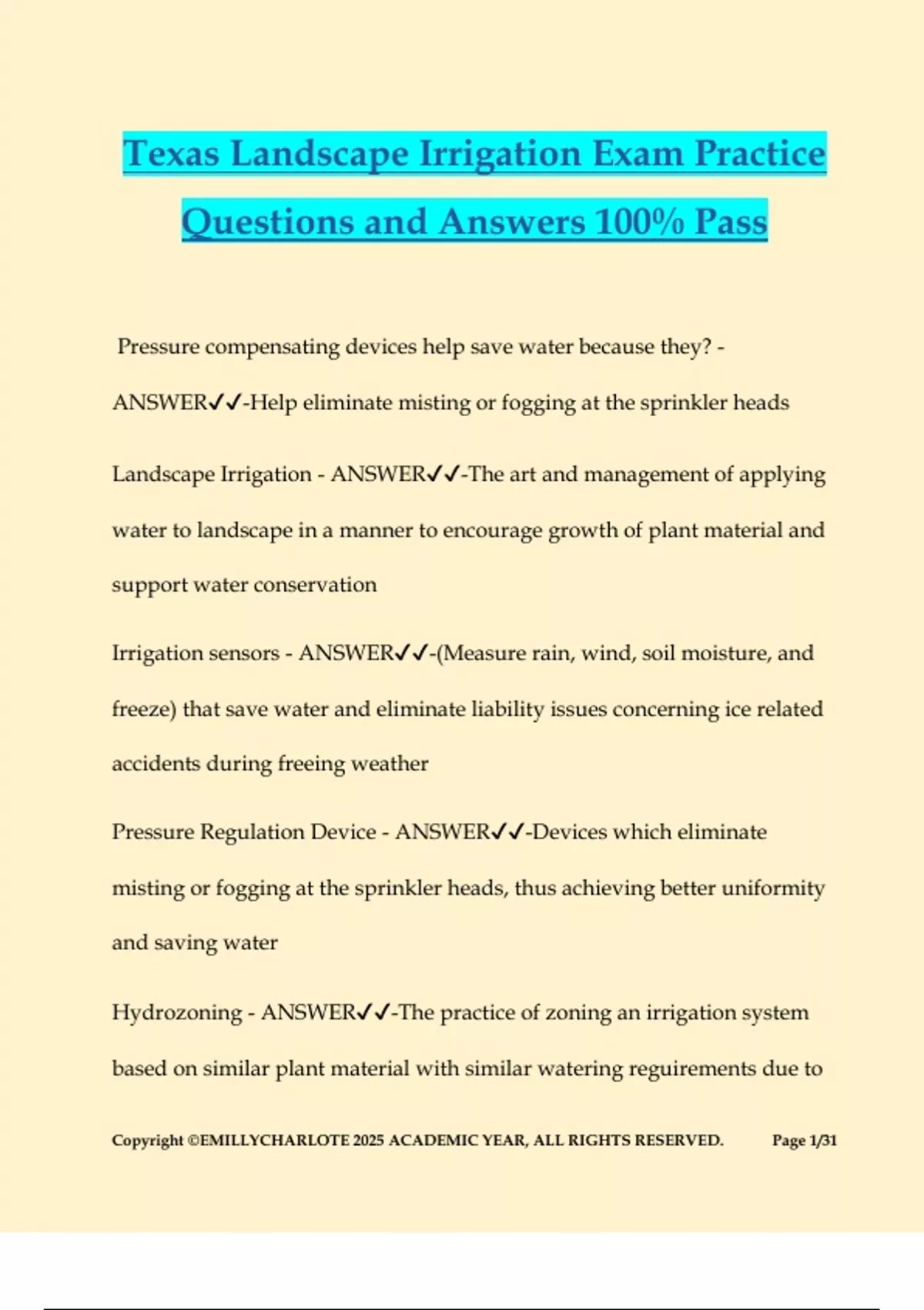 Texas Landscape Irrigation Exam Practice Questions and Answers 100% ...