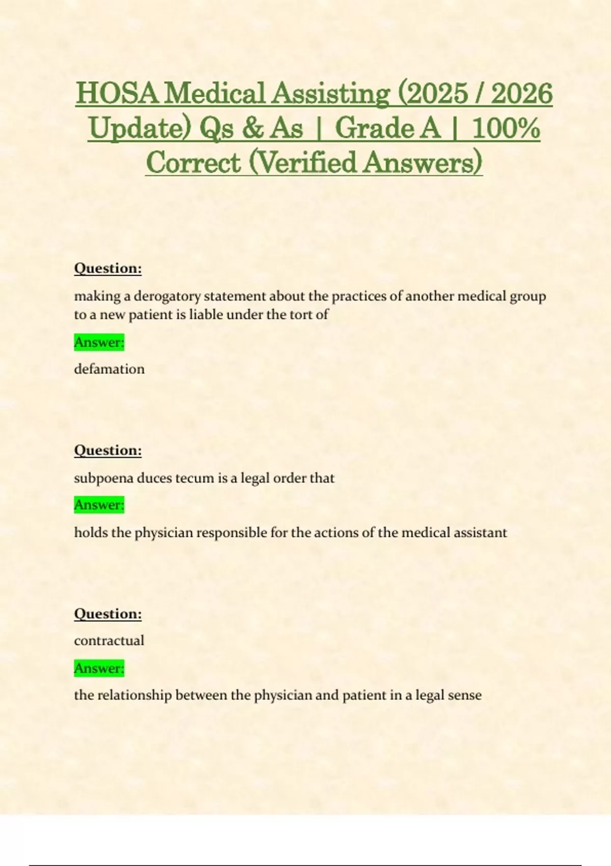 HOSA Medical Assisting (2025 / 2026 Update) Qs & As | Grade A | 100% ...