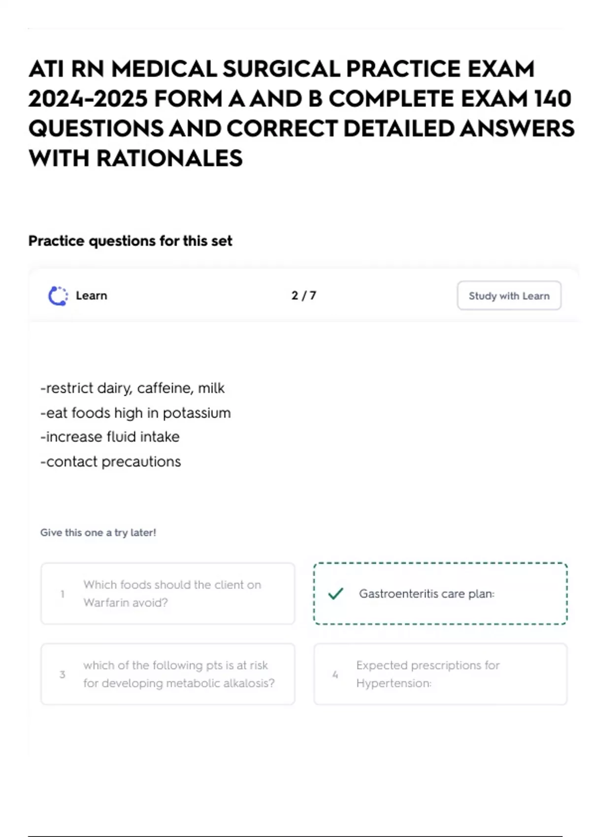ATI RN MEDICAL SURGICAL PRACTICE EXAM FORM A AND B COMPLETE EXAM 140 ...