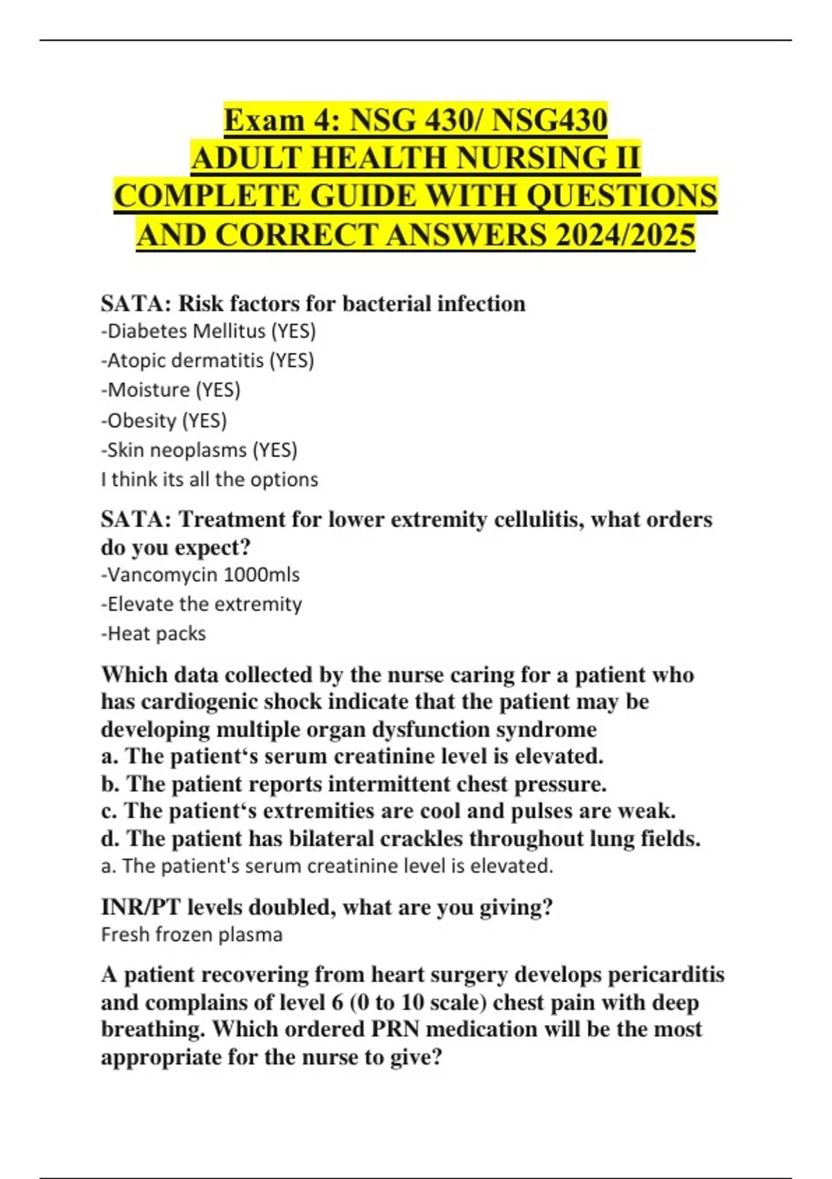 Exam 4: NSG 430/ NSG430 ADULT HEALTH NURSING II COMPLETE GUIDE WITH ...