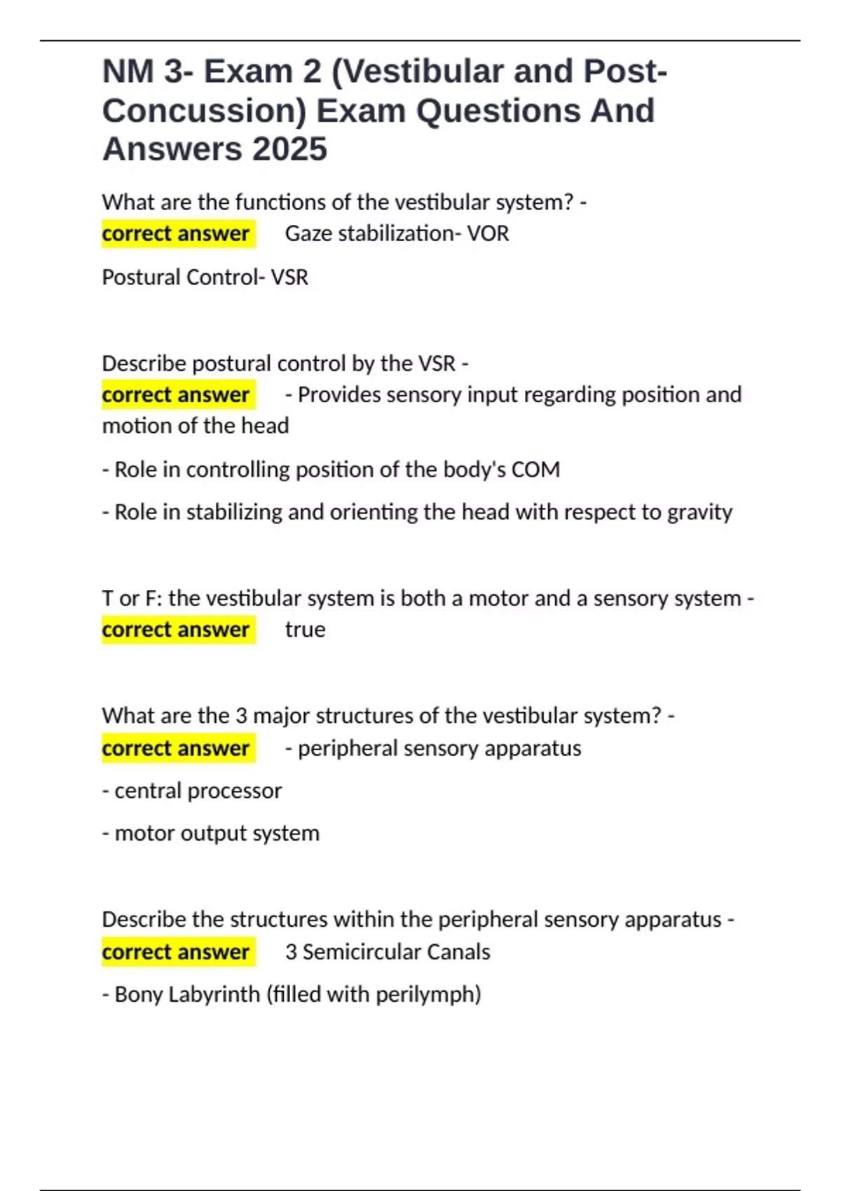 NM 3- Exam 2 (Vestibular and Post-Concussion) Exam Questions And ...