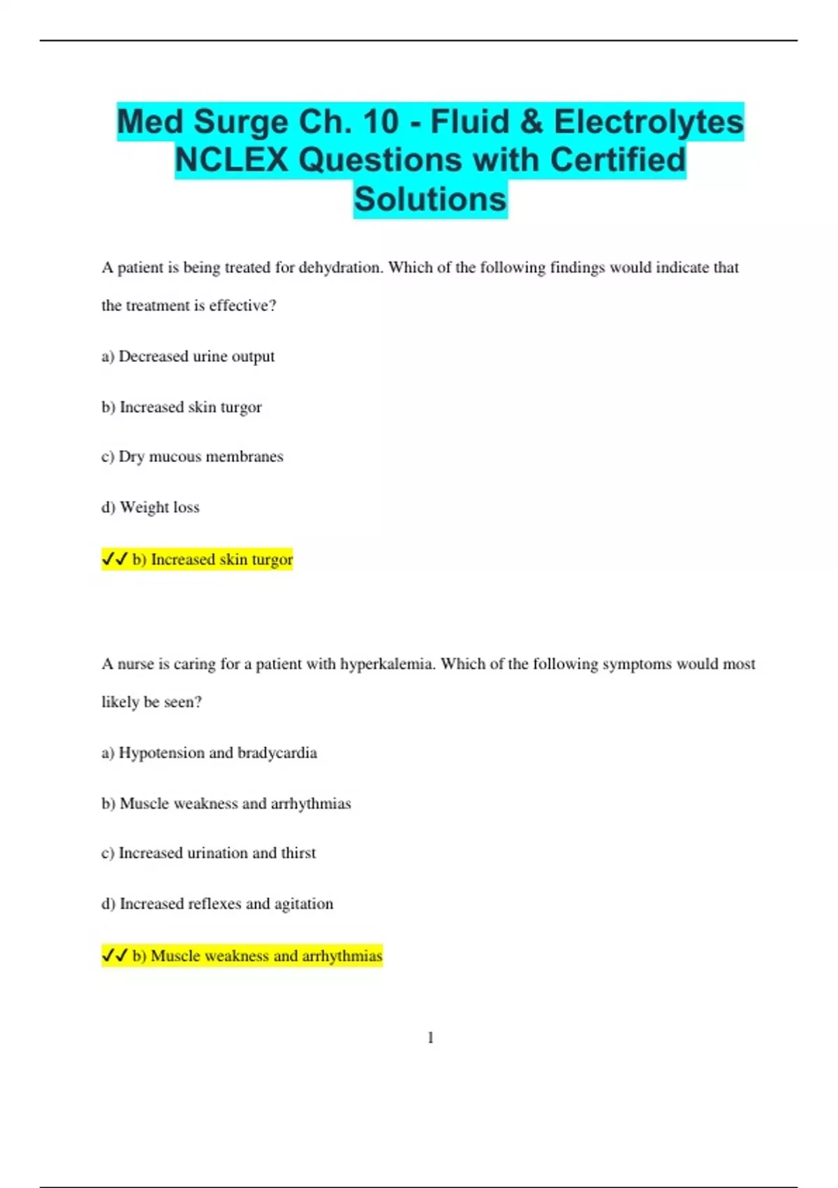 Med Surge Ch. 10 - Fluid & Electrolytes NCLEX Questions with Certified ...