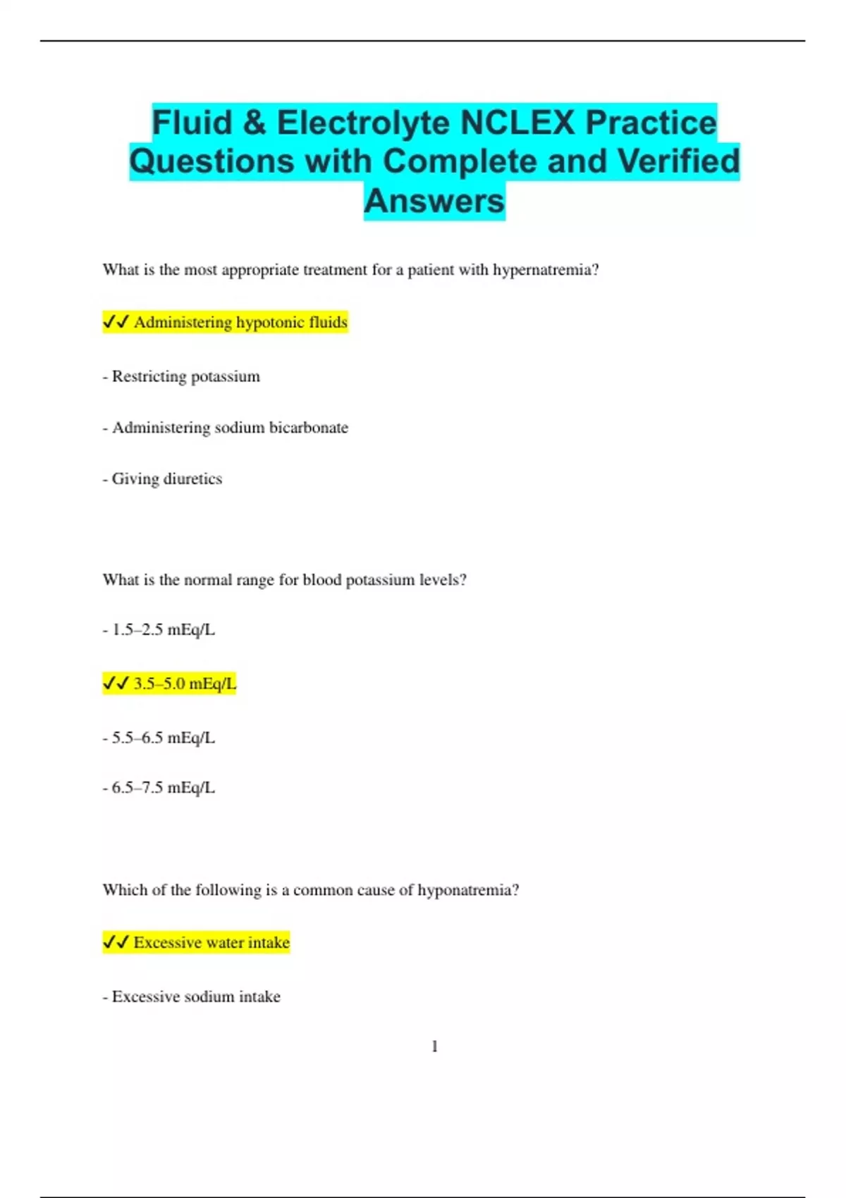 Fluid & Electrolyte NCLEX Practice Questions with Complete and Verified Answers - Fluid ...