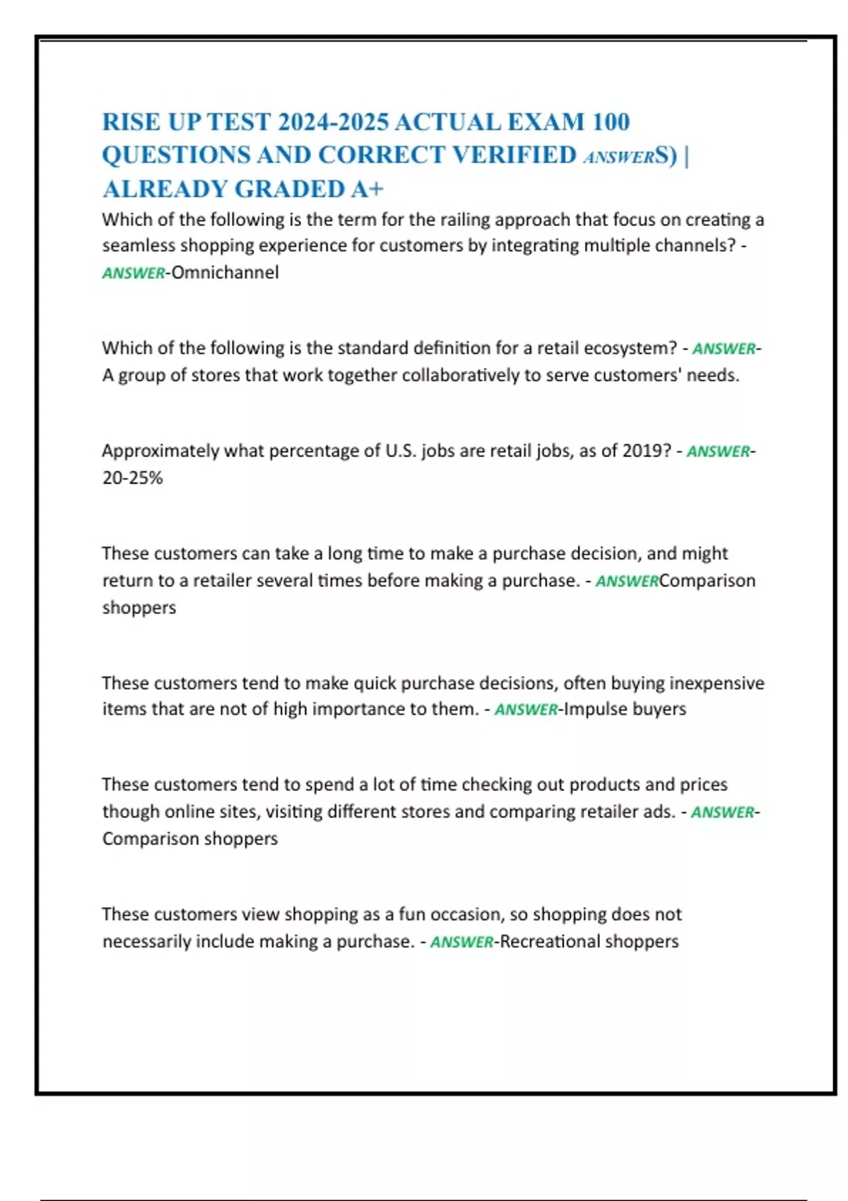 RISE UP TEST ACTUAL EXAM 100 QUESTIONS AND CORRECT VERIFIED ANSWERS ...