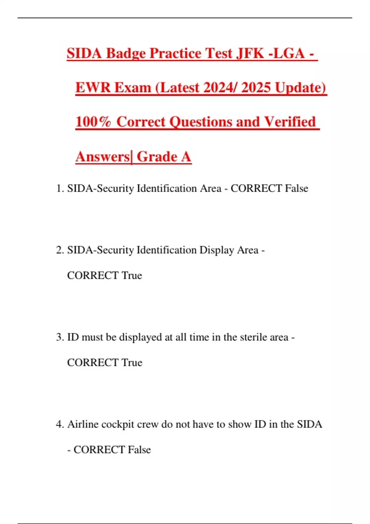 SIDA Badge JFK -LGA - EWR Exam (Latest 2024/ 2025 Update) 100% Correct ...