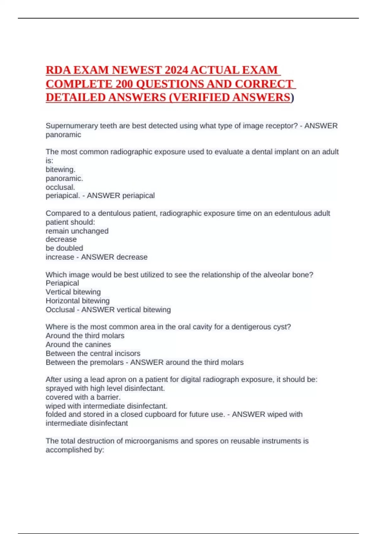 RDA EXAM NEWEST 2024 ACTUAL EXAM COMPLETE 200 QUESTIONS AND CORRECT DETAILED ANSWER1 - RDA ...