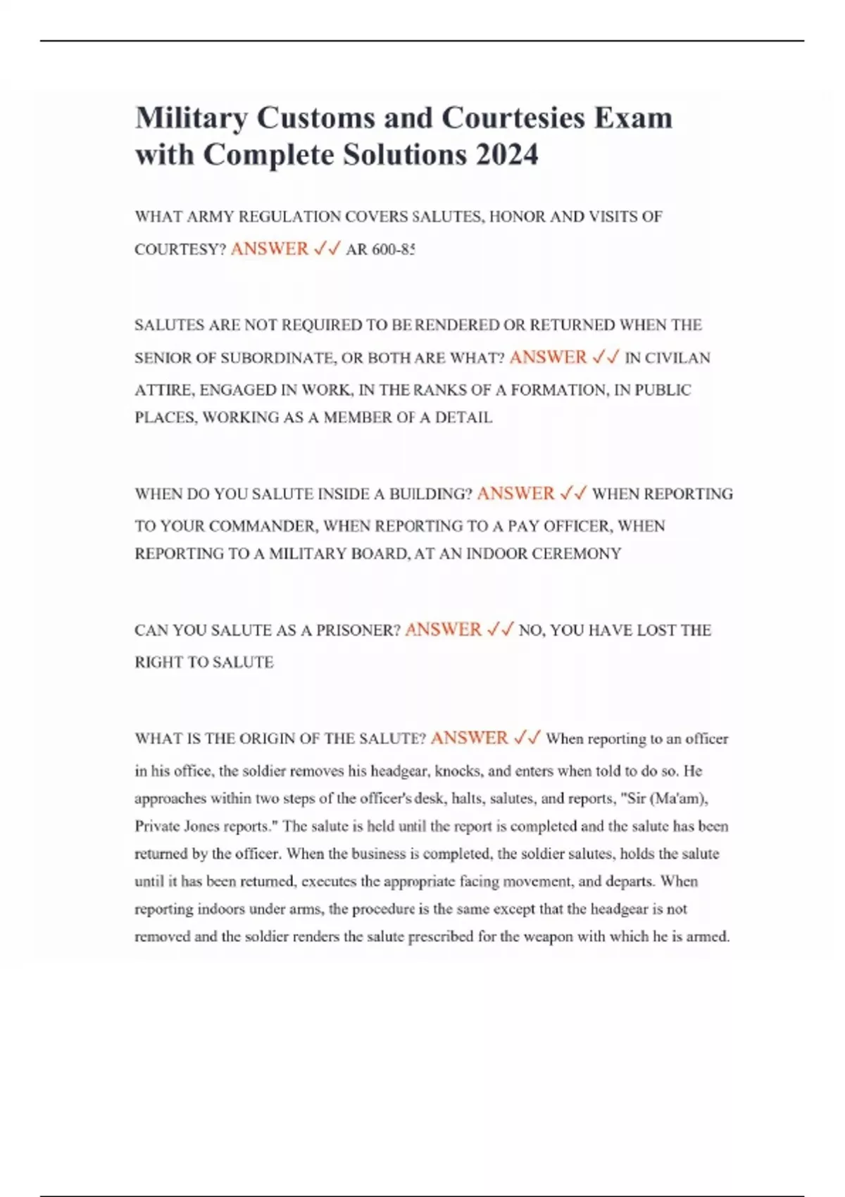 Military Customs and Courtesies Exam with Complete Solutions 2024 ...