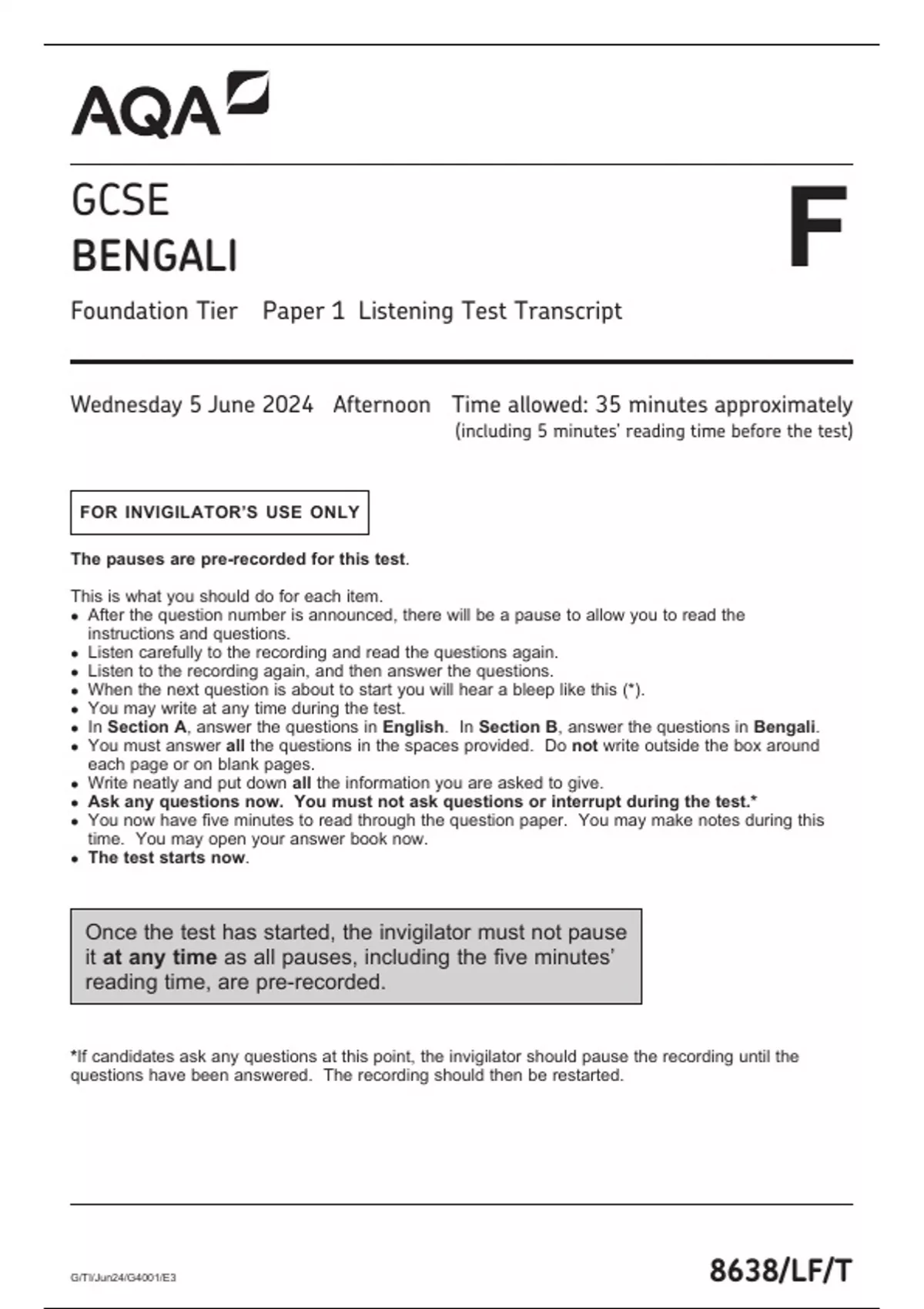 2024 AQA GCSE BENGALI PAPER 1 (8638/LF/T: Listening Test Transcript ...