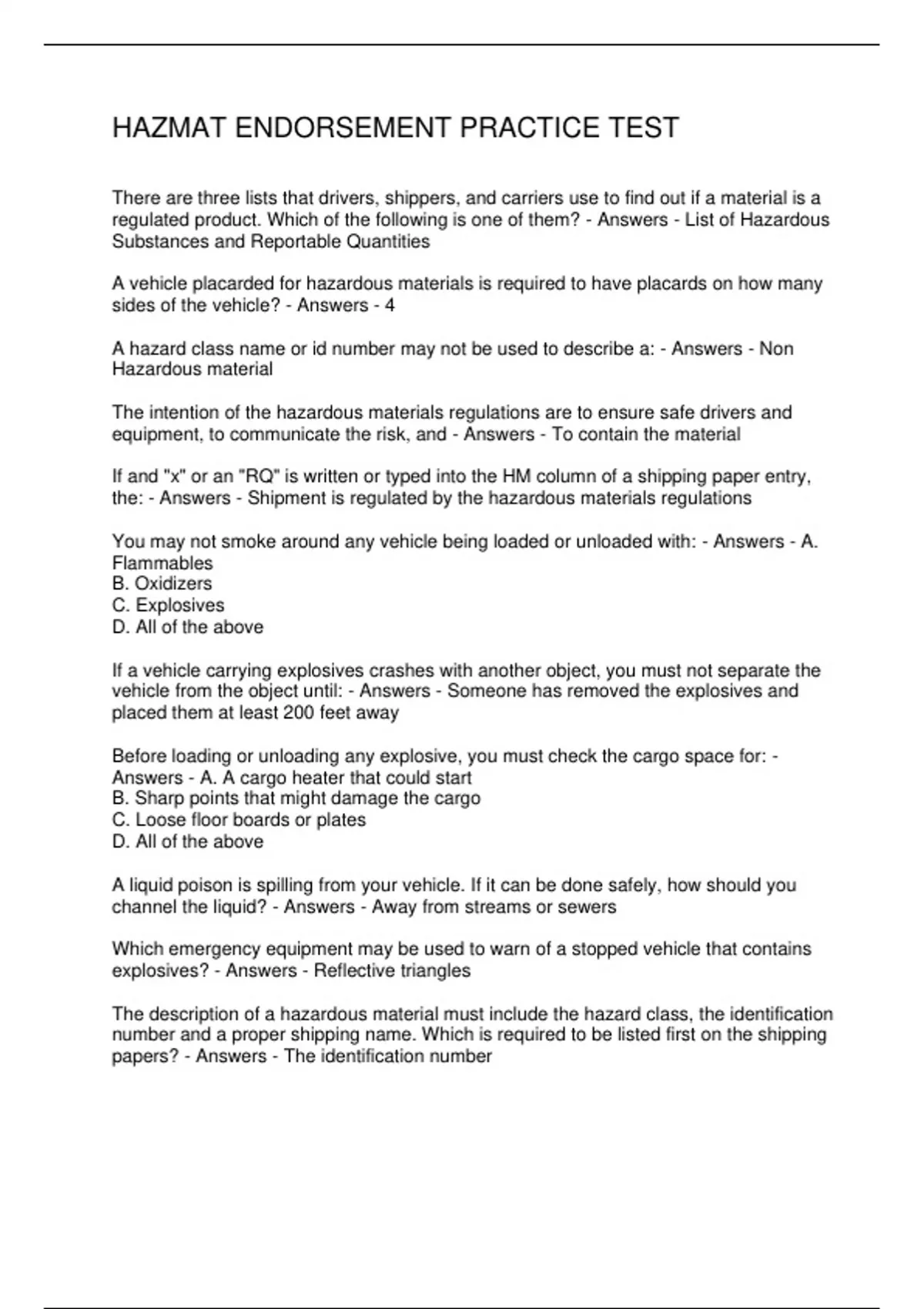 HAZMAT ENDORSEMENT PRACTICE TEST 2024 - HAZMAT ENDORSEMENT - Stuvia US