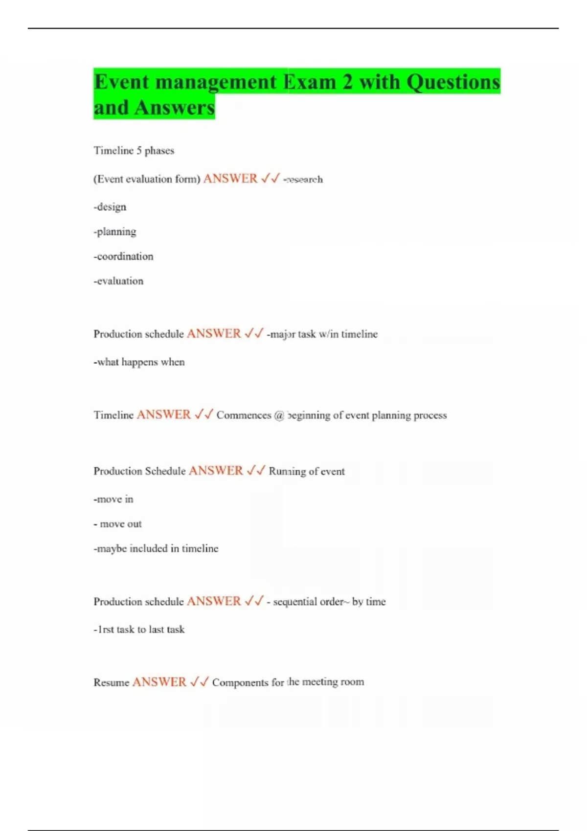 Event management Exam 2 with Questions and Answers - Event Production and Management - Stuvia US