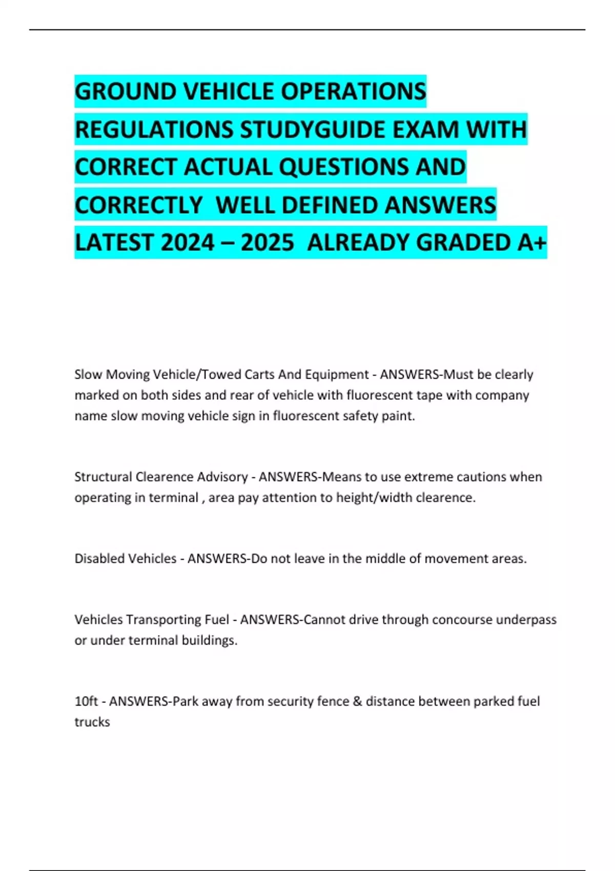 GROUND VEHICLE OPERATIONS REGULATIONS STUDYGUIDE EXAM WITH CORRECT ...