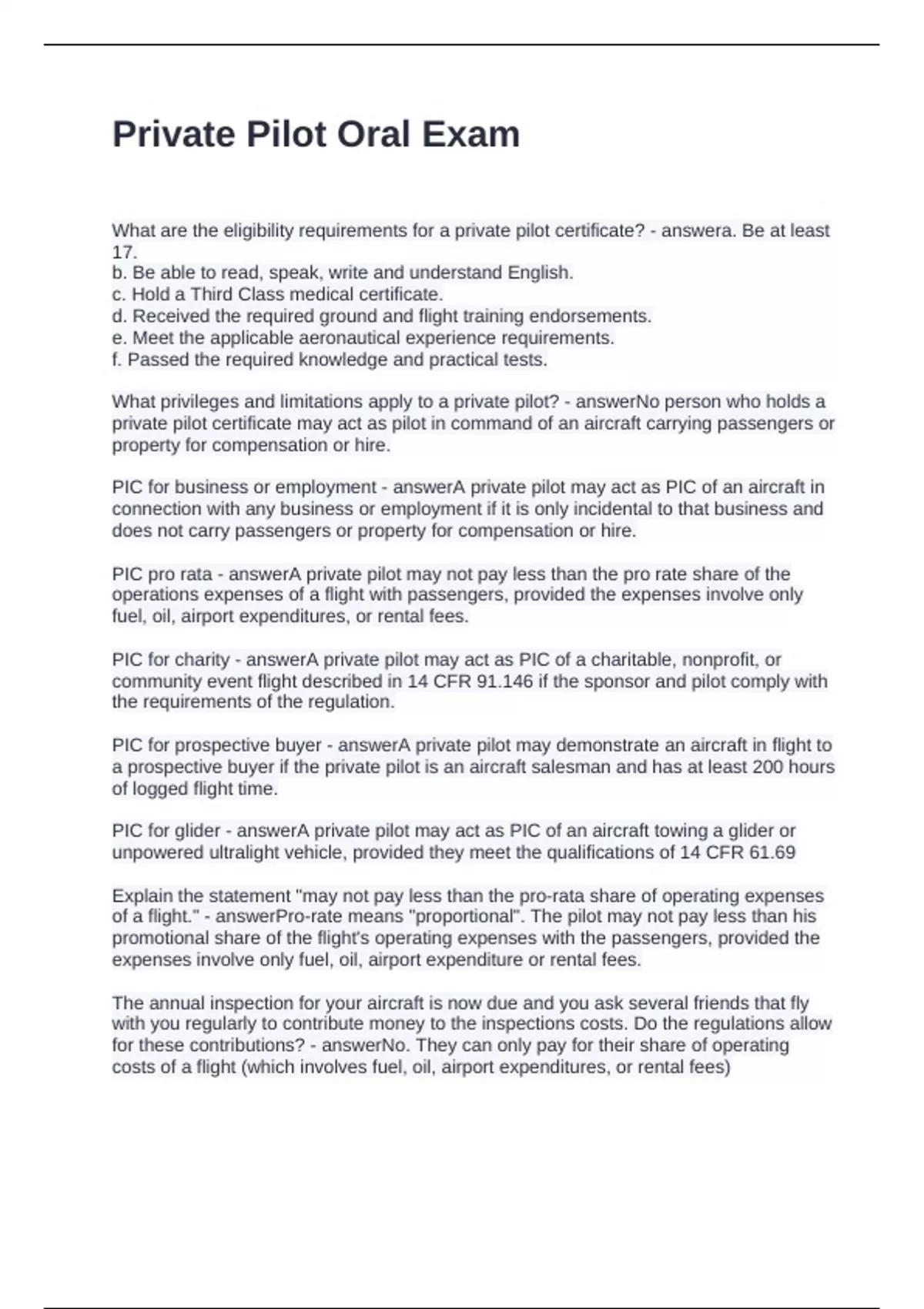 Private Pilot Oral Exam Questions and Answers 2024 - For hire ...