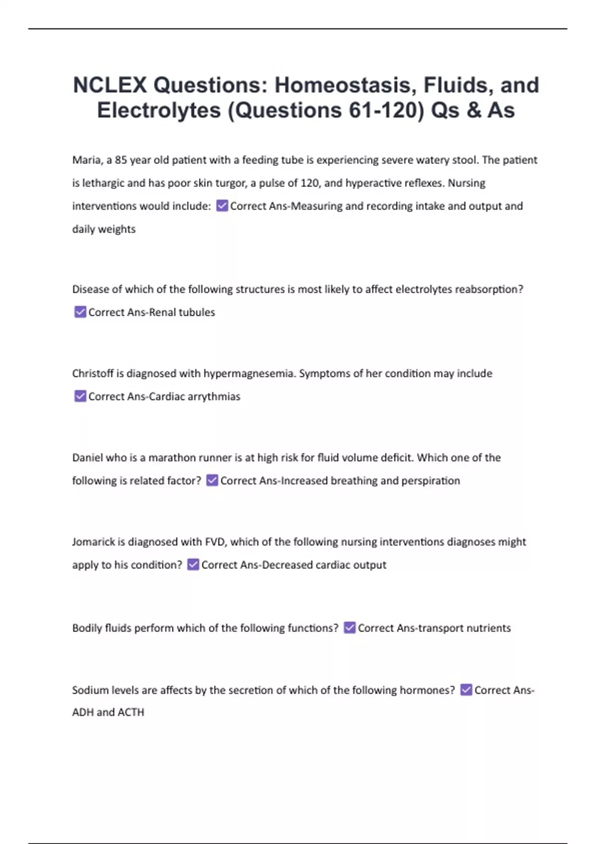 NCLEX Questions: Homeostasis, Fluids, and Electrolytes (Questions 61 ...