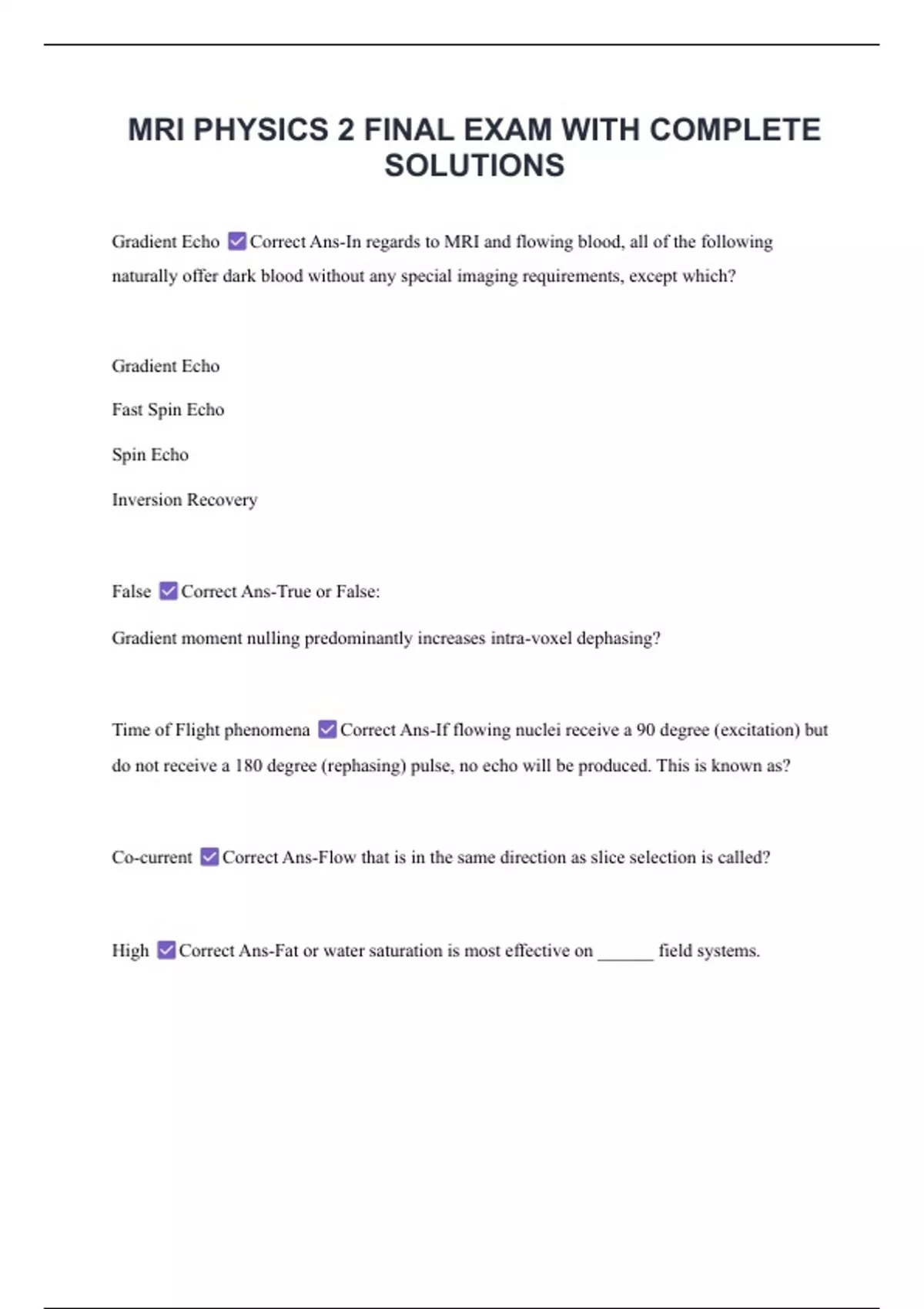 MRI PHYSICS 2 FINAL EXAM WITH COMPLETE SOLUTIONS - MRI PHYSICS - Stuvia US
