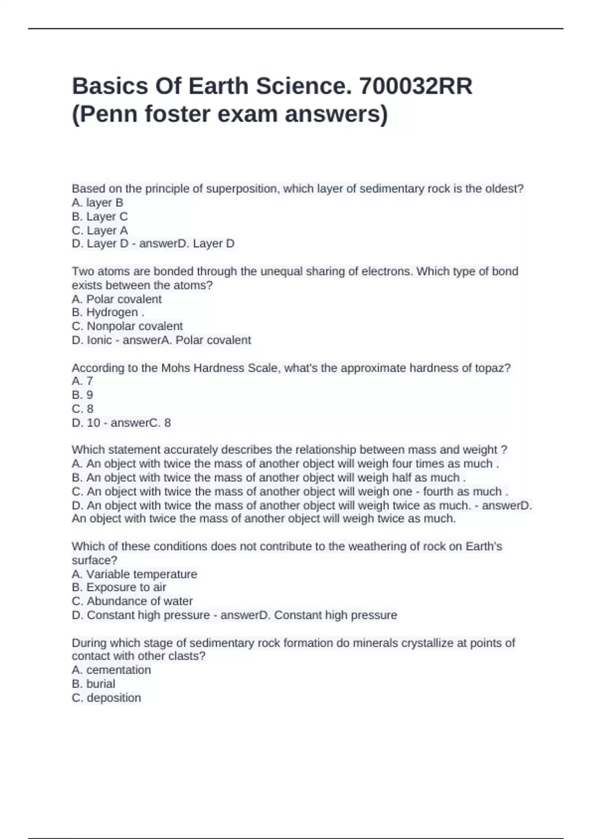 Basics Of Earth Science. 700032RR (Penn foster exam answers) Questions ...